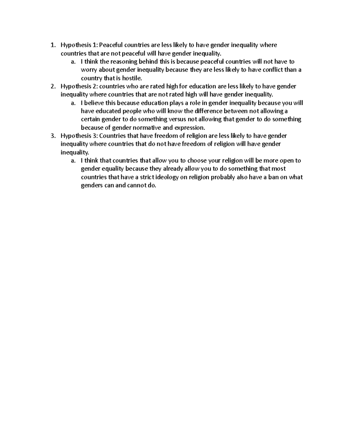Phase 2 .docx wooo - Hypothesis 1: Peaceful countries are less likely to have gender inequality ...
