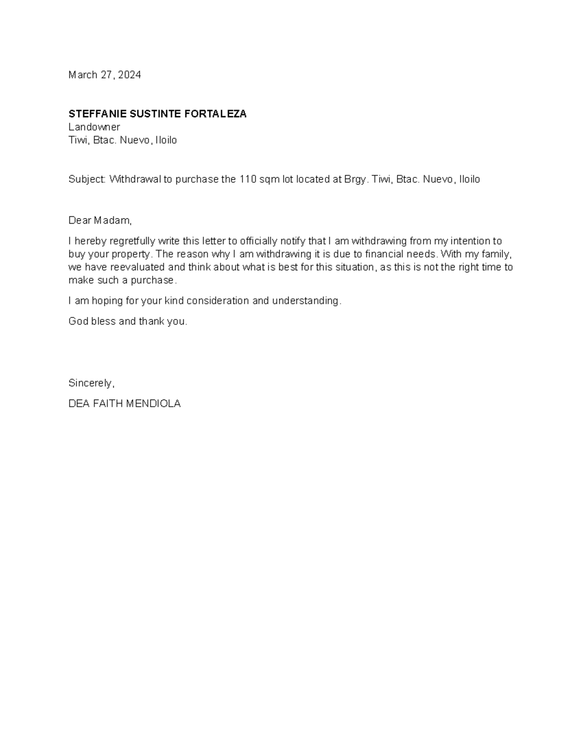 Withdrawal letter - March 27, 2024 STEFFANIE SUSTINTE FORTALEZA ...