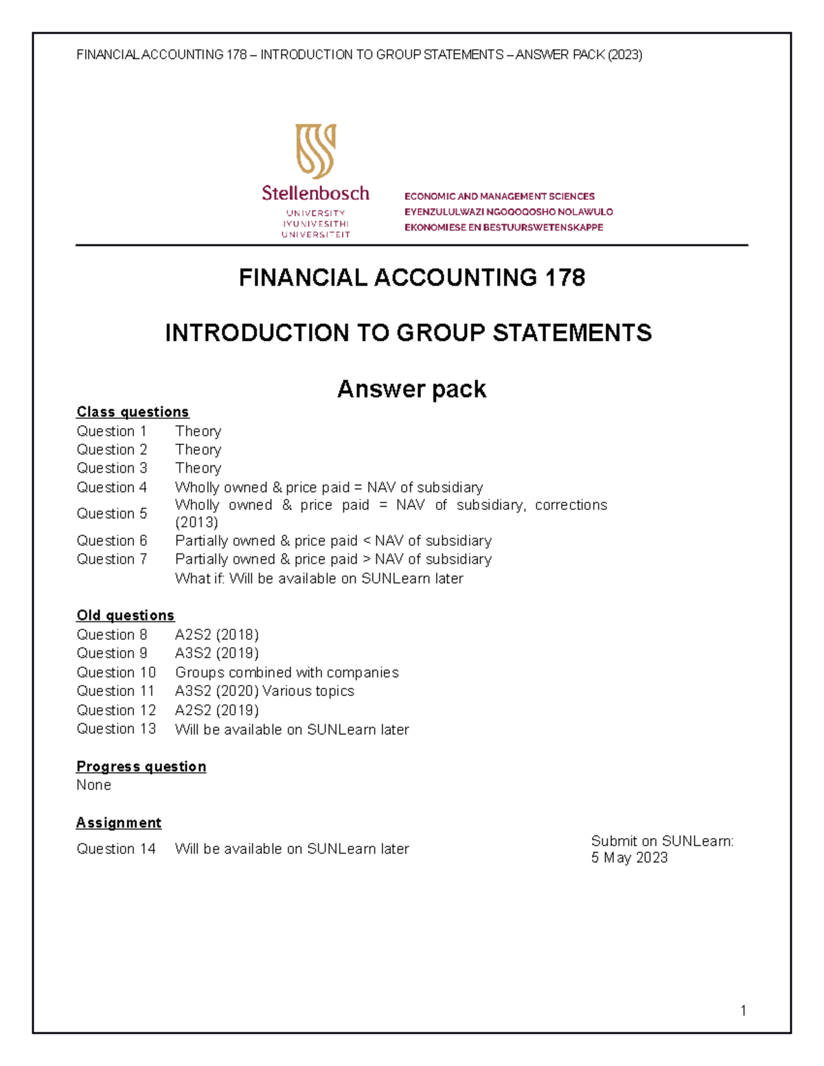 4. Introduction to group statements - answer pack - 2023 - FINANCIAL ...