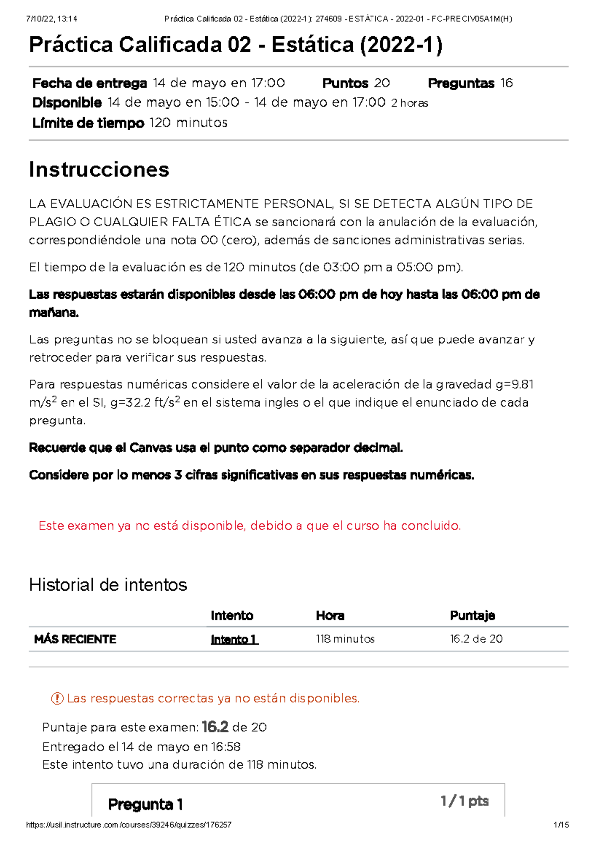 Práctica Calificada 02 - Estática (2022-1) 274609 - Estática - 2022-01 - FC- Preciv 05A1M(H ...