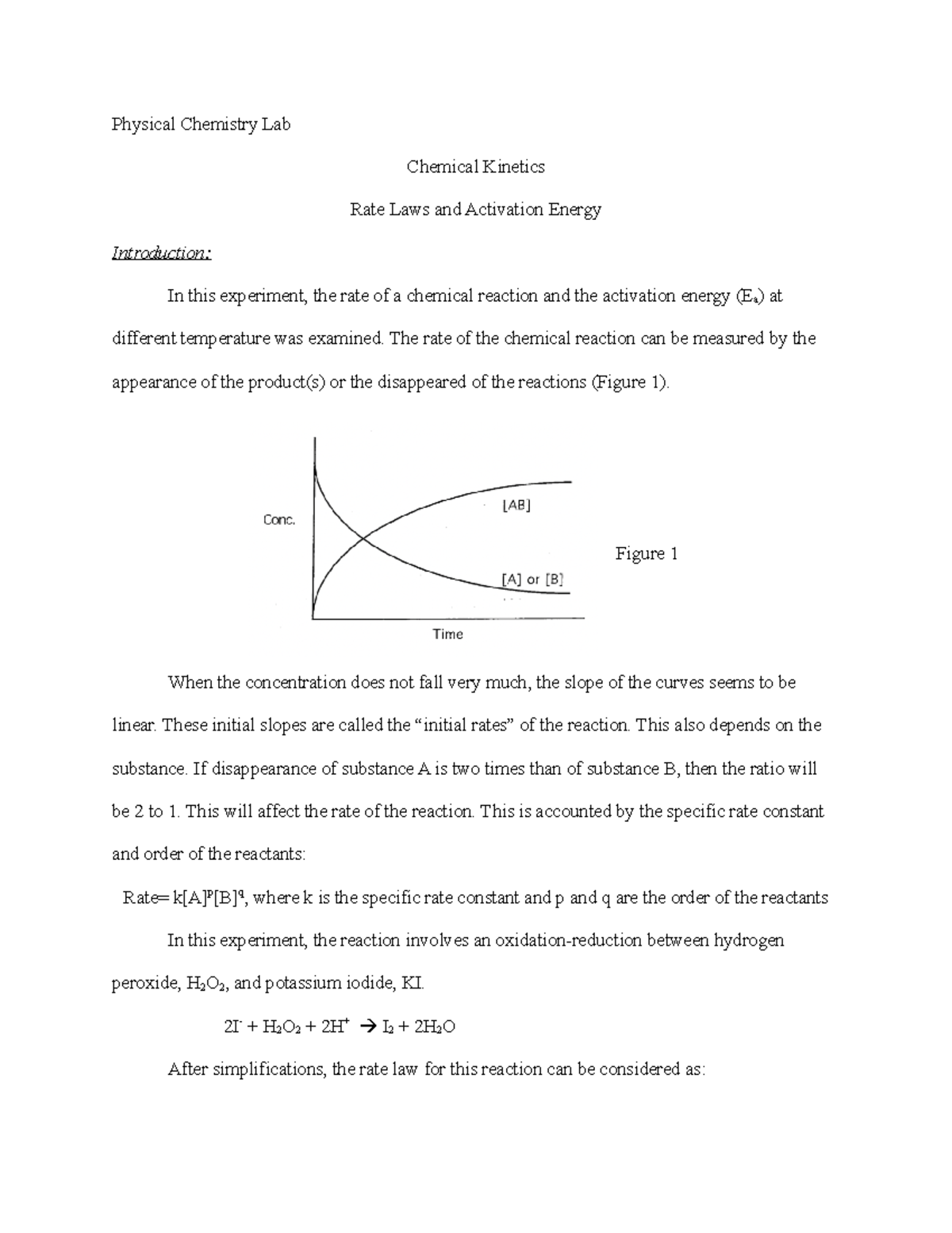 Rate Laws and Activation Energy - Physical Chemistry Lab Chemical ...