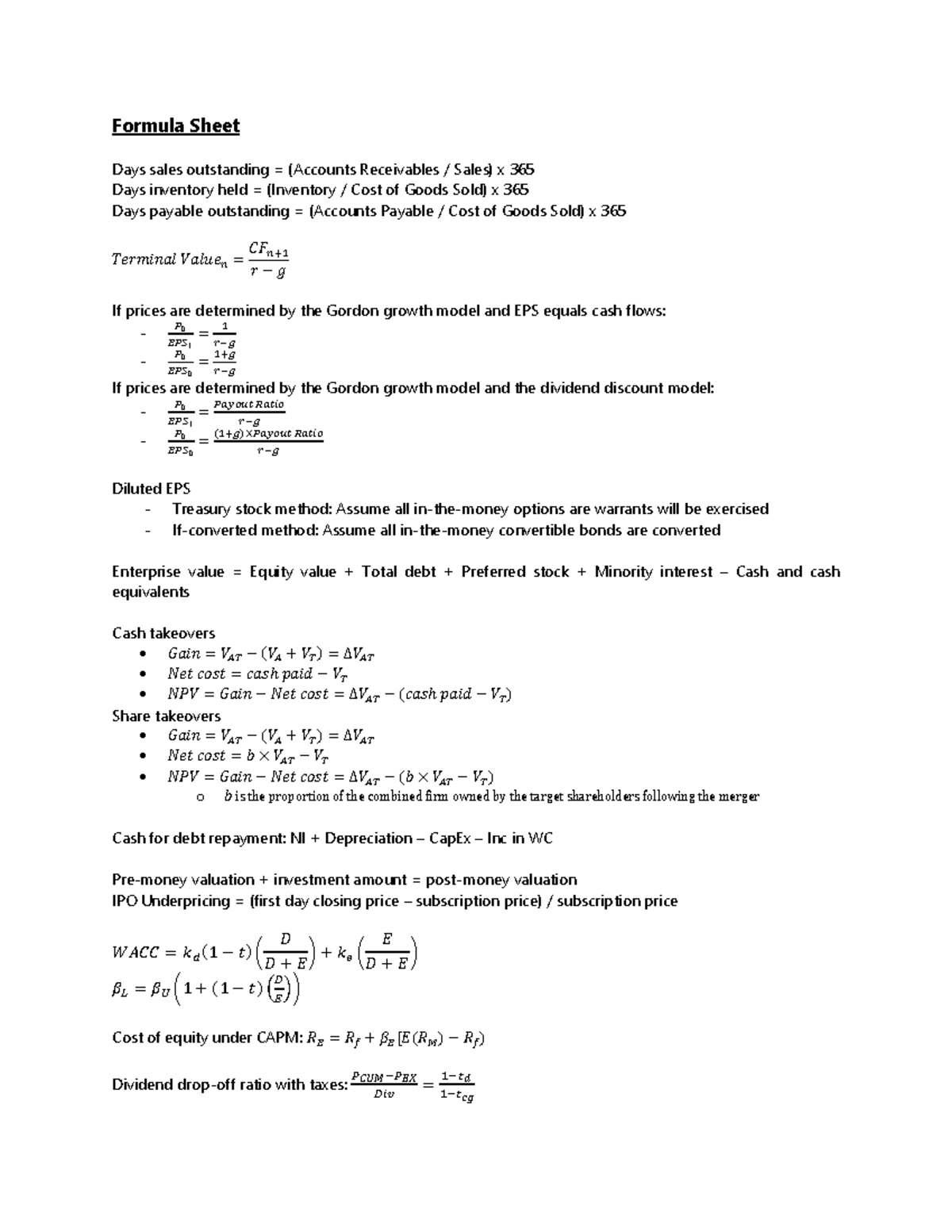 Final Exam Formula Sheet - Formula Sheet Days sales outstanding ...