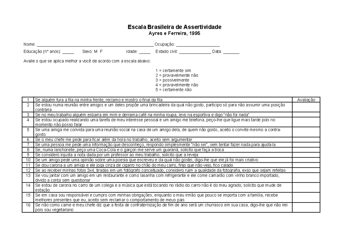 Escala Brasileira de Assertividade - Studocu