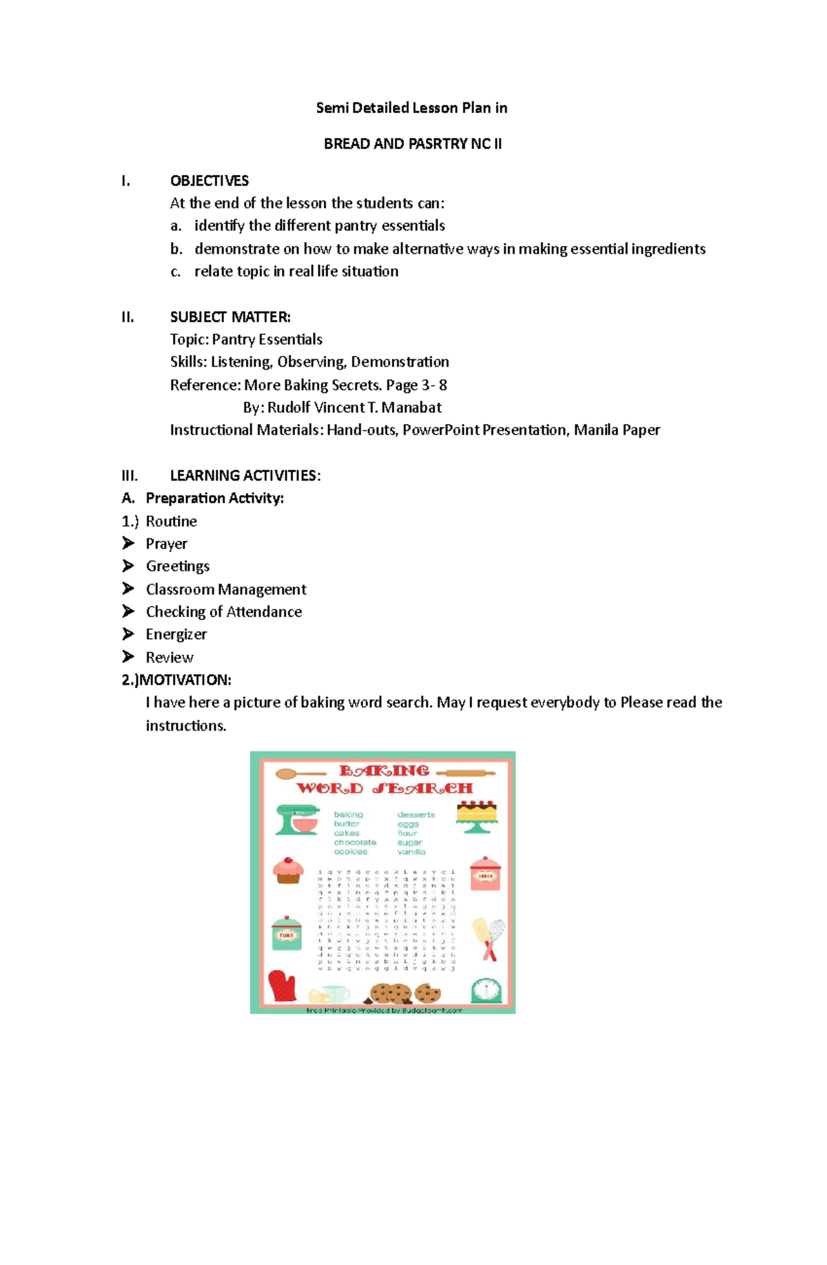 SEMI- Detailed Lesson PLAN - Semi Detailed Lesson Plan in BREAD AND ...