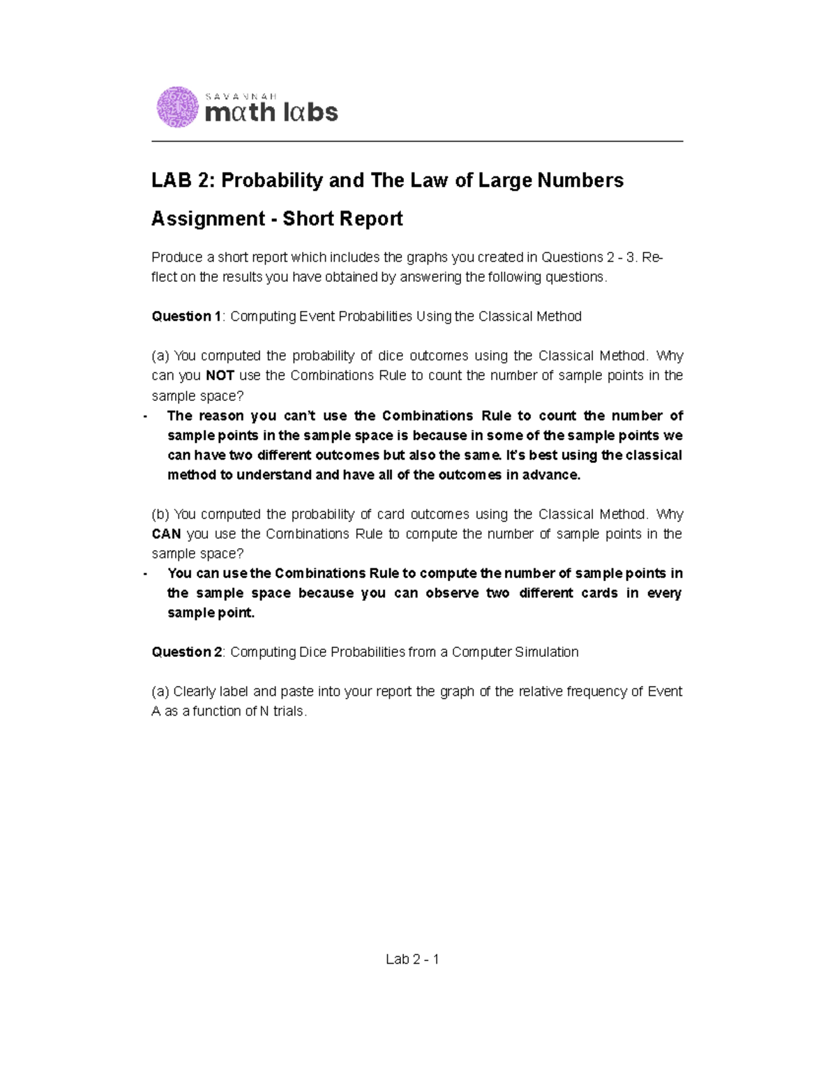 Lab 2 resources converted - Lab 2 - 1 LAB 2: Probability and The Law of ...