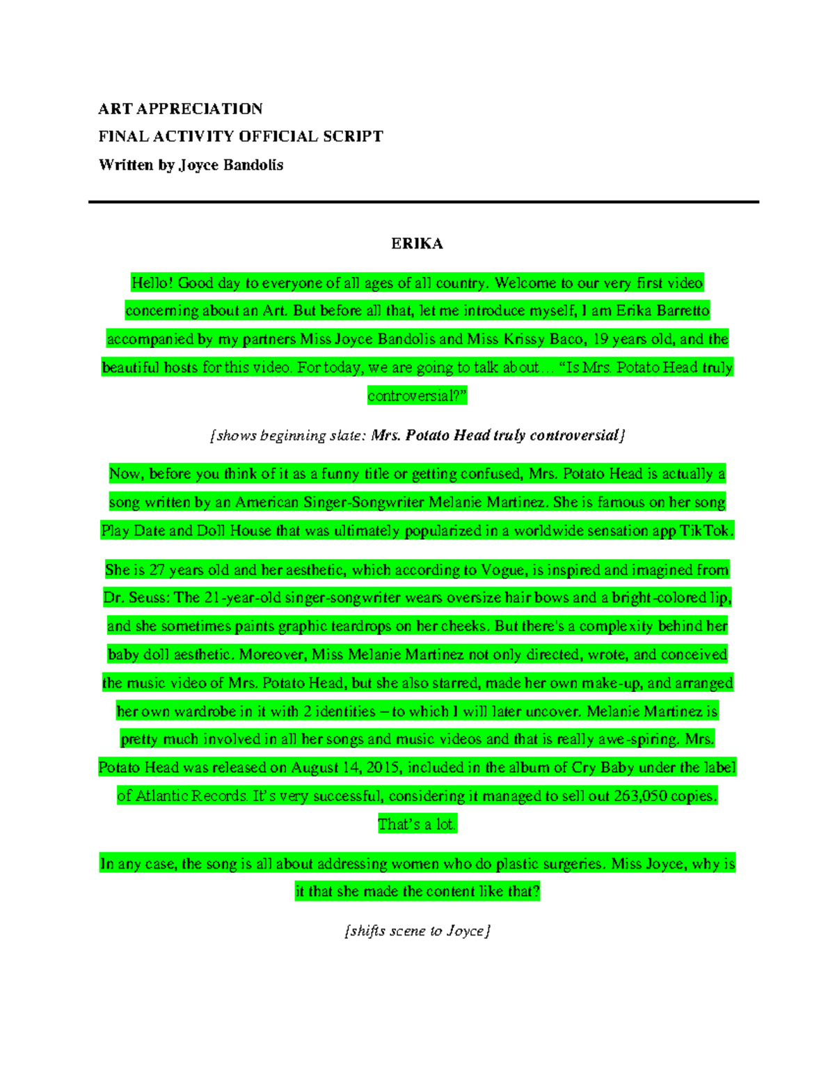 Art Appreciation Final Act Script - ART APPRECIATION FINAL ACTIVITY ...