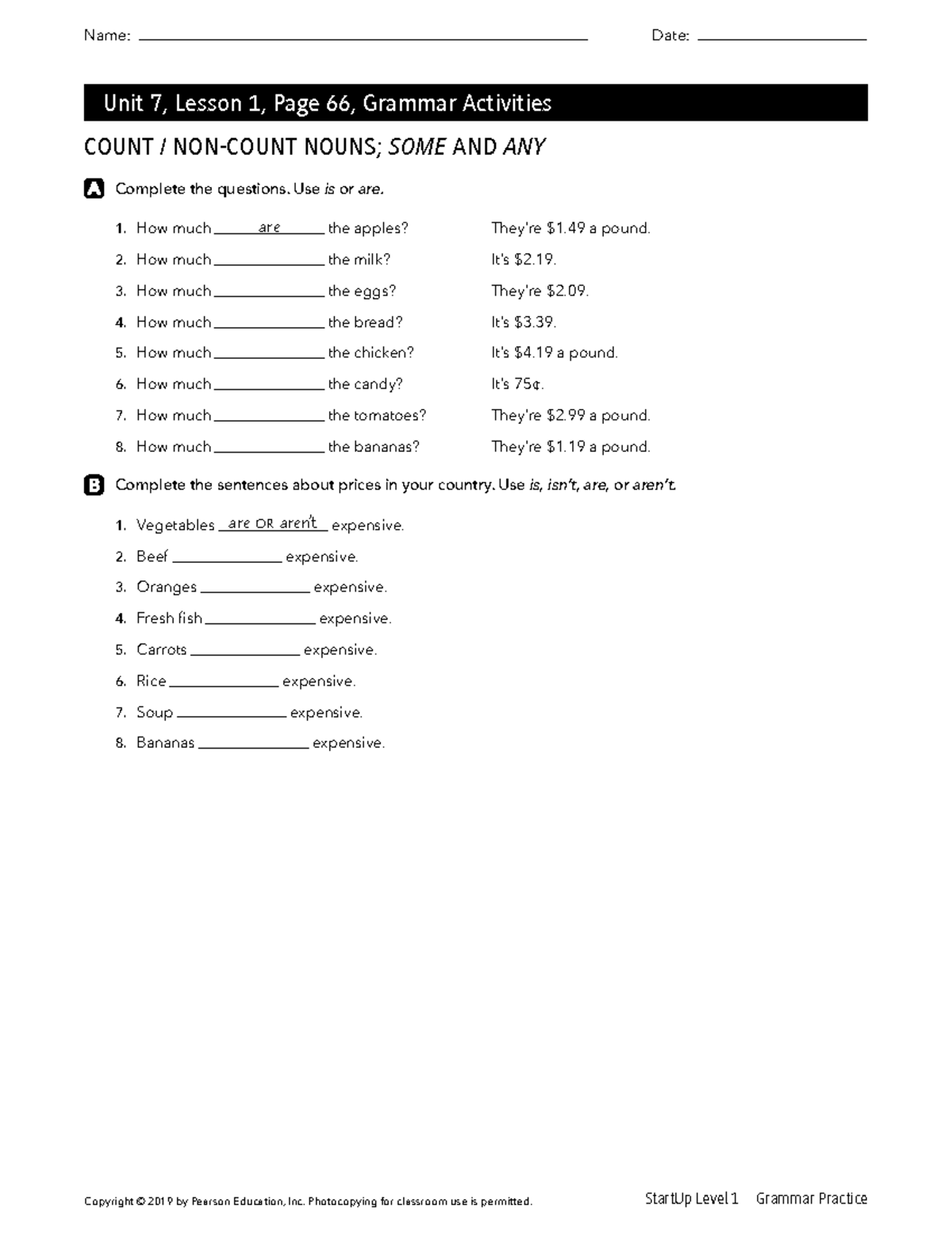 St1 gram u07 - hola - StartUp Level 1 Grammar Practice Unit 7, Lesson 1, Page 66, Grammar ...
