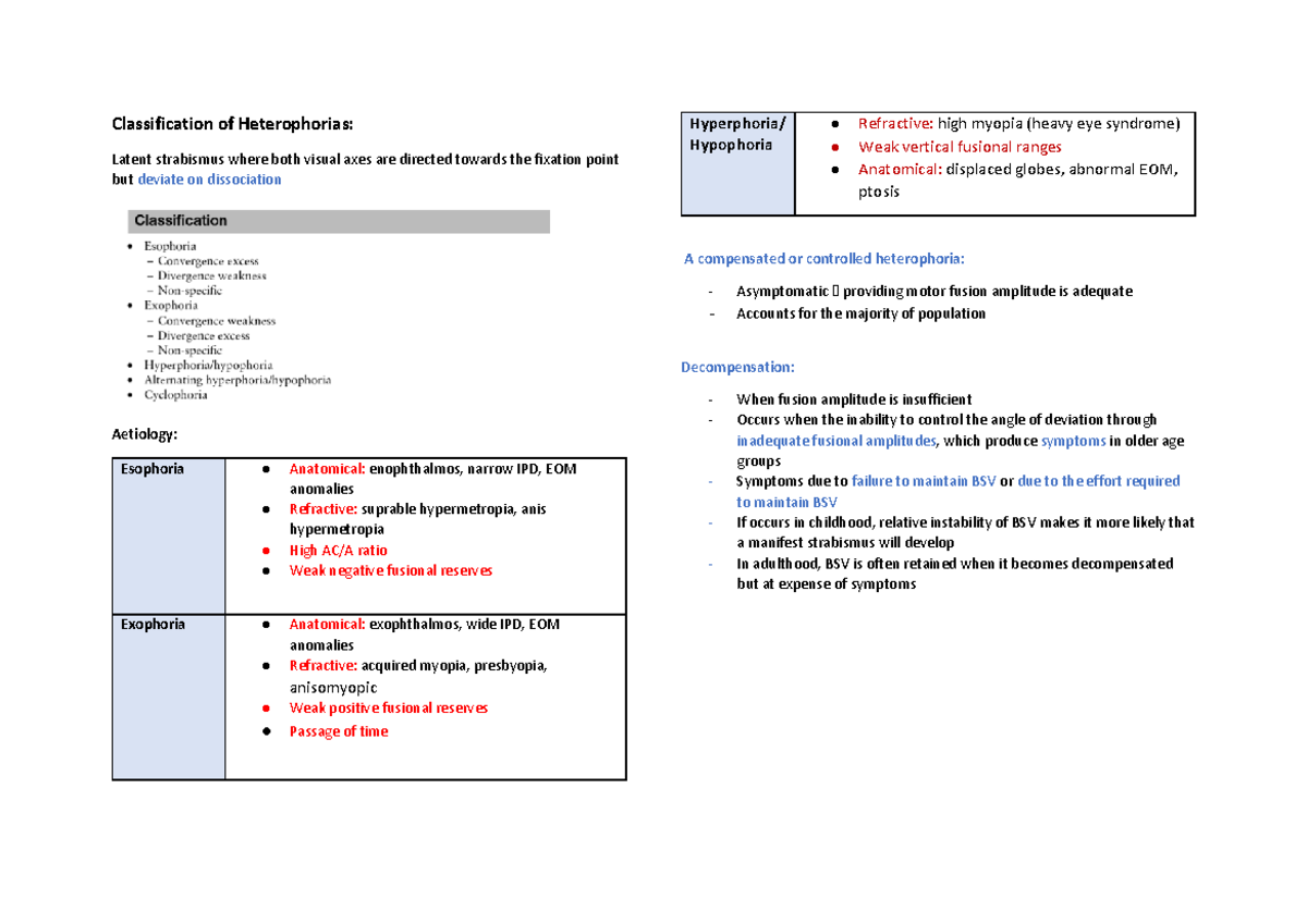 Heterophorias - notes - Classification of Heterophorias: Latent ...