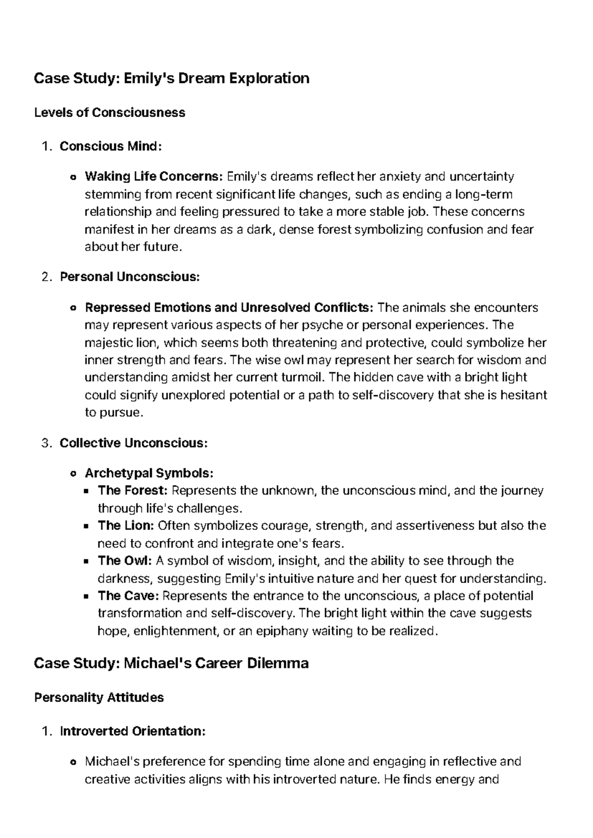 Case Study Emily's Dream Exploration Levels of Consciousness ...