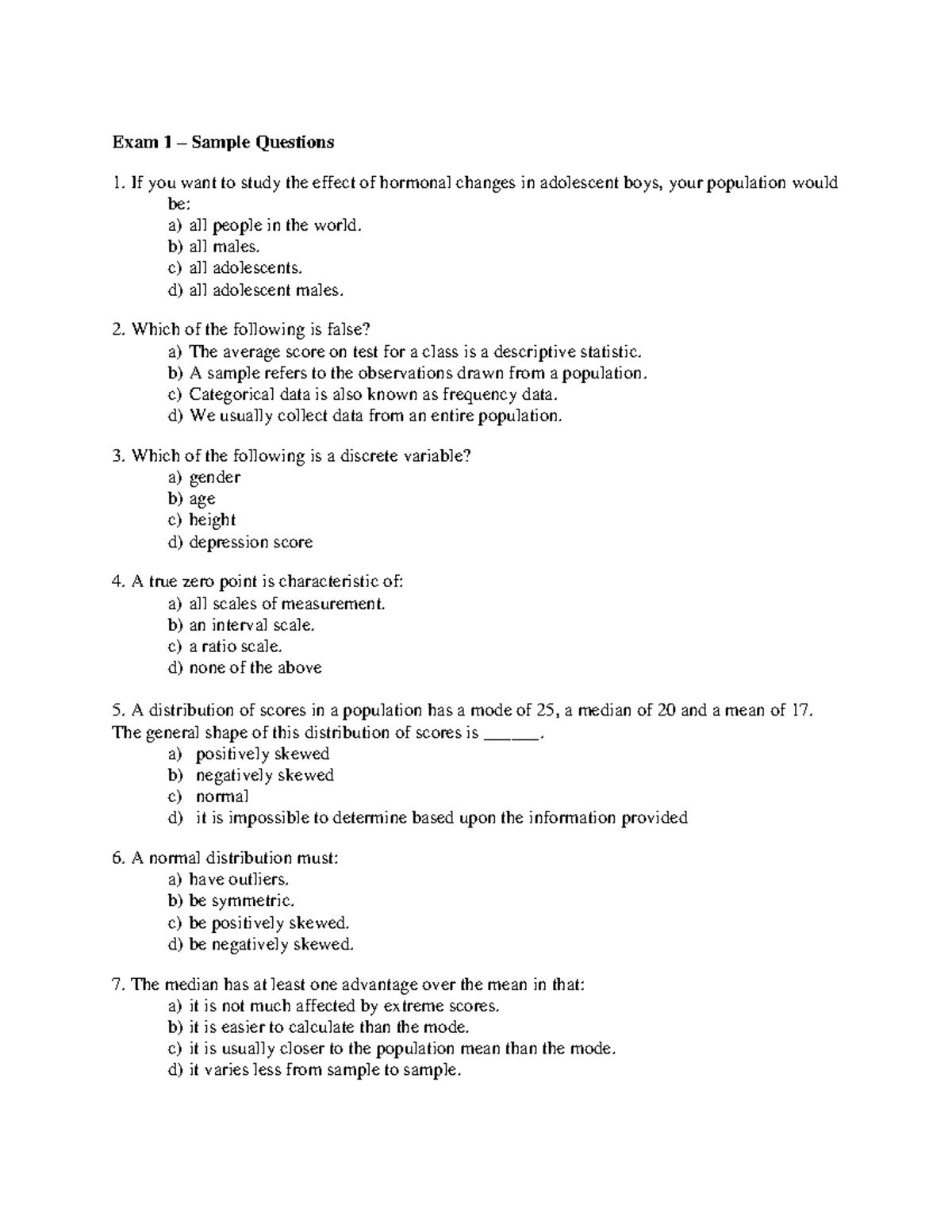 Exam 1 - Sample Questions - Exam 1 – Sample Questions If you want to ...