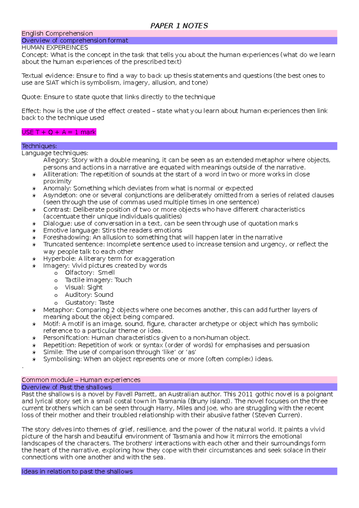 Paper 1 Notess - Comprehension notes and Common module Past the ...