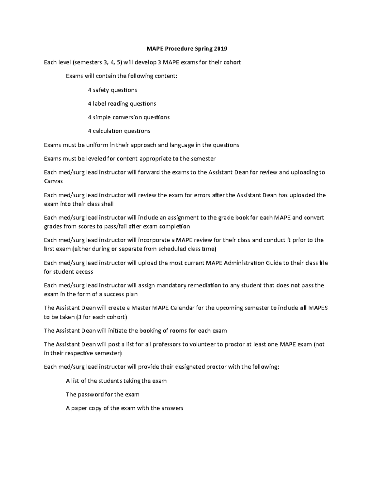 MAPE-Rules for taking the MAPE - MAPE Procedure Spring 2019 Each level ...