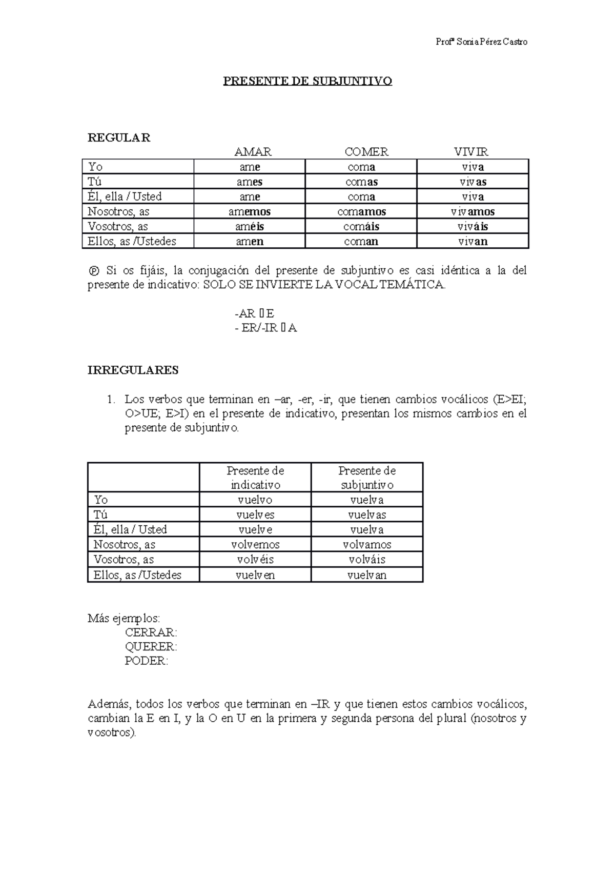 Presente DE Subjuntivo - Profª Sonia Pérez Castro PRESENTE DE ...