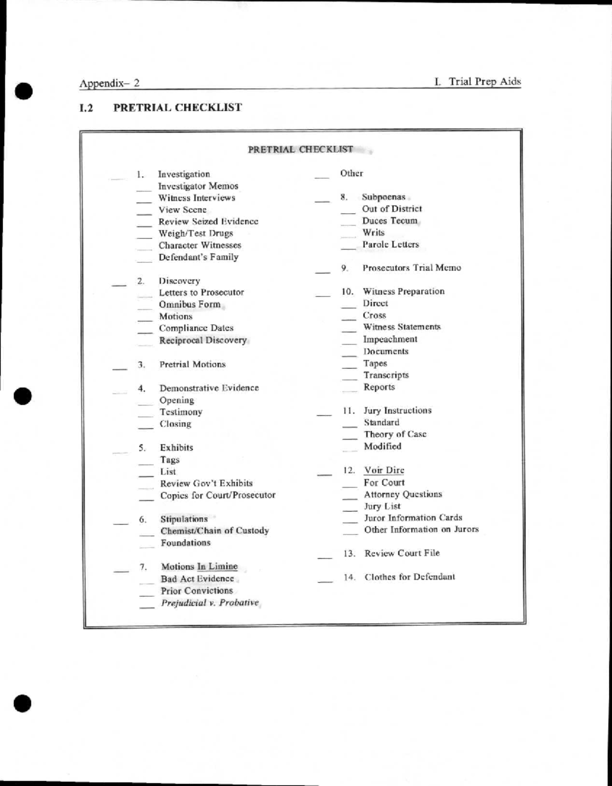 Handout-Trial-checklists - • Appendix— 2 I. Trial Prep Aids 1 PRETRIAL ...