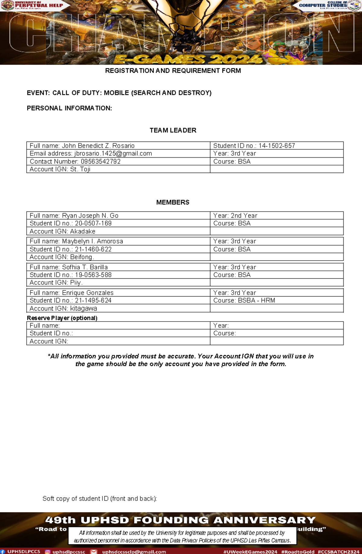 Uweek 2024 E Games Registration Form - All information shall be used by ...