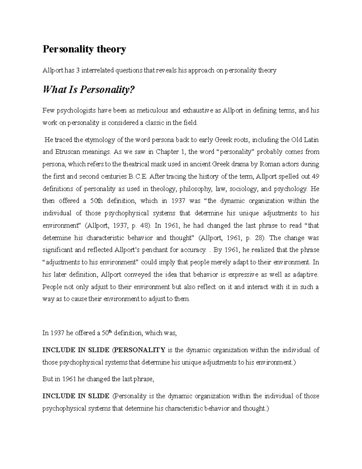 Allport - He traced the etymology of the word persona back to early ...