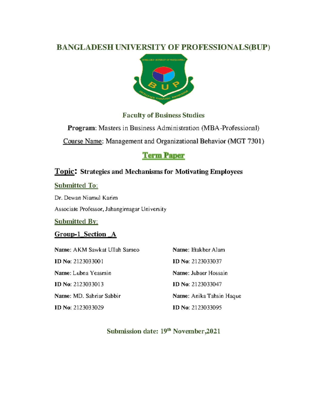 Group 1 Term Paper - BANGLADESH UNIVERSITY OF PROFESSIONALS(BUP ...