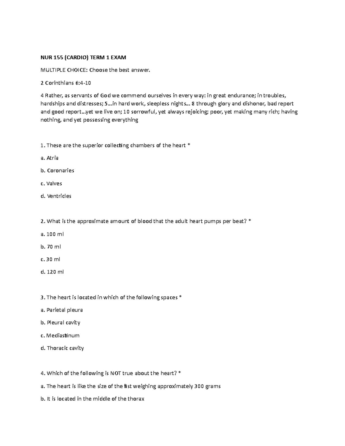 Cardiology Examination for 3rd year students - Nursing - BSU - Studocu