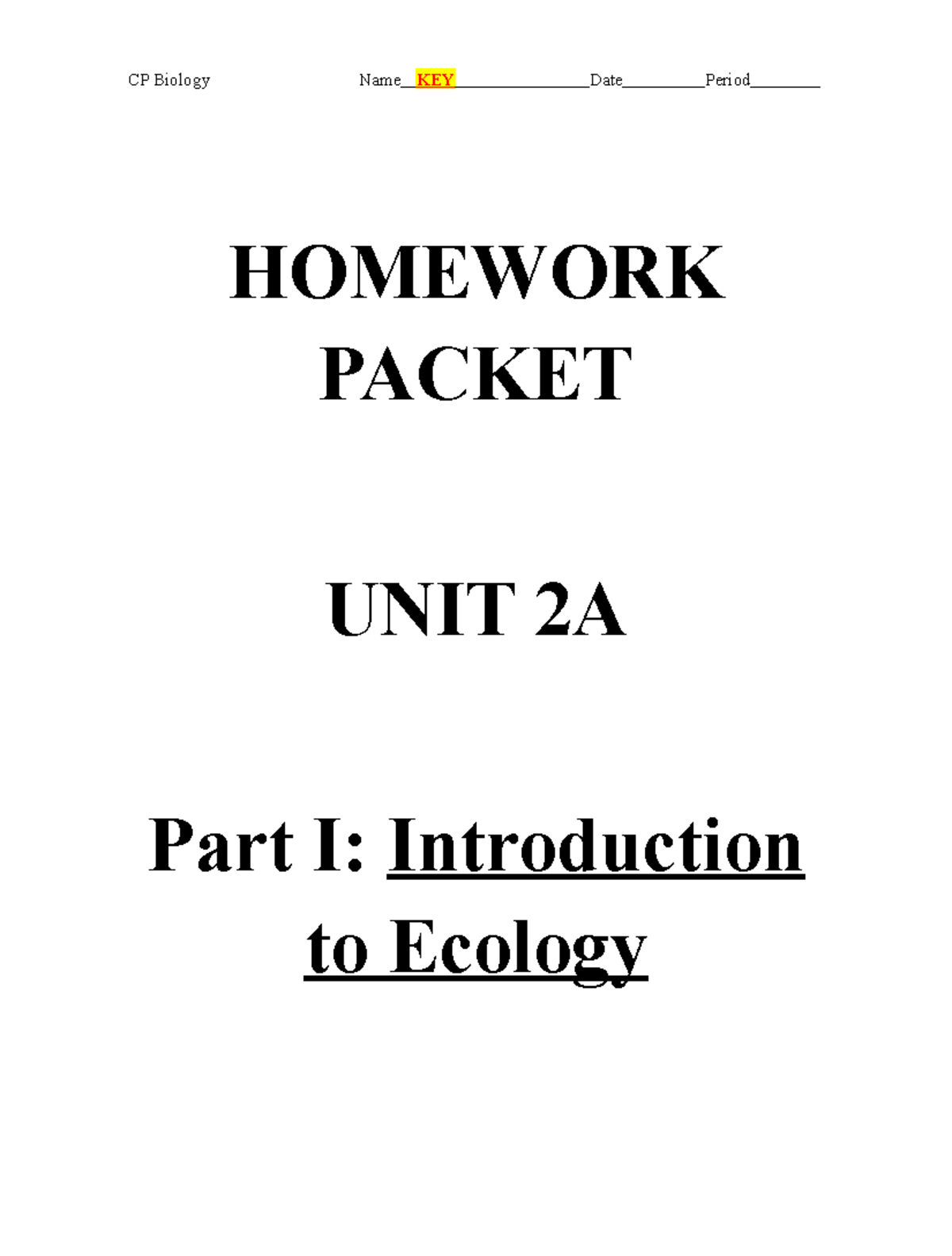 Ecology hw packet w book - K-R - 15-16 - Part 1 Intro to Eco - KEY - CP ...