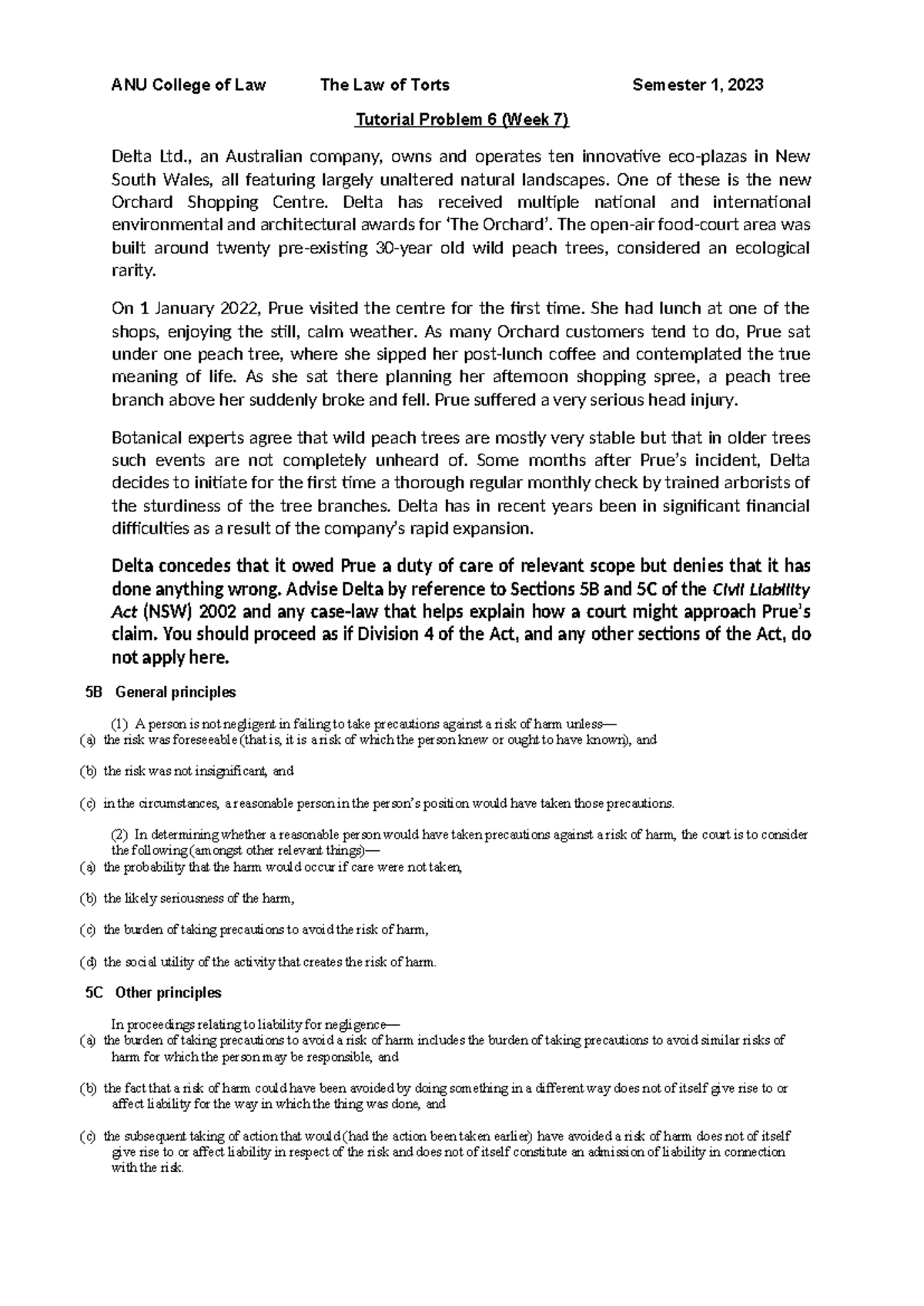 2024 Torts Tutorial 6 (Week 7) - ANU College of Law The Law of Torts ... 2024 Torts Tutorial 6 (Week 7) - ANU College of Law The Law of Torts ...