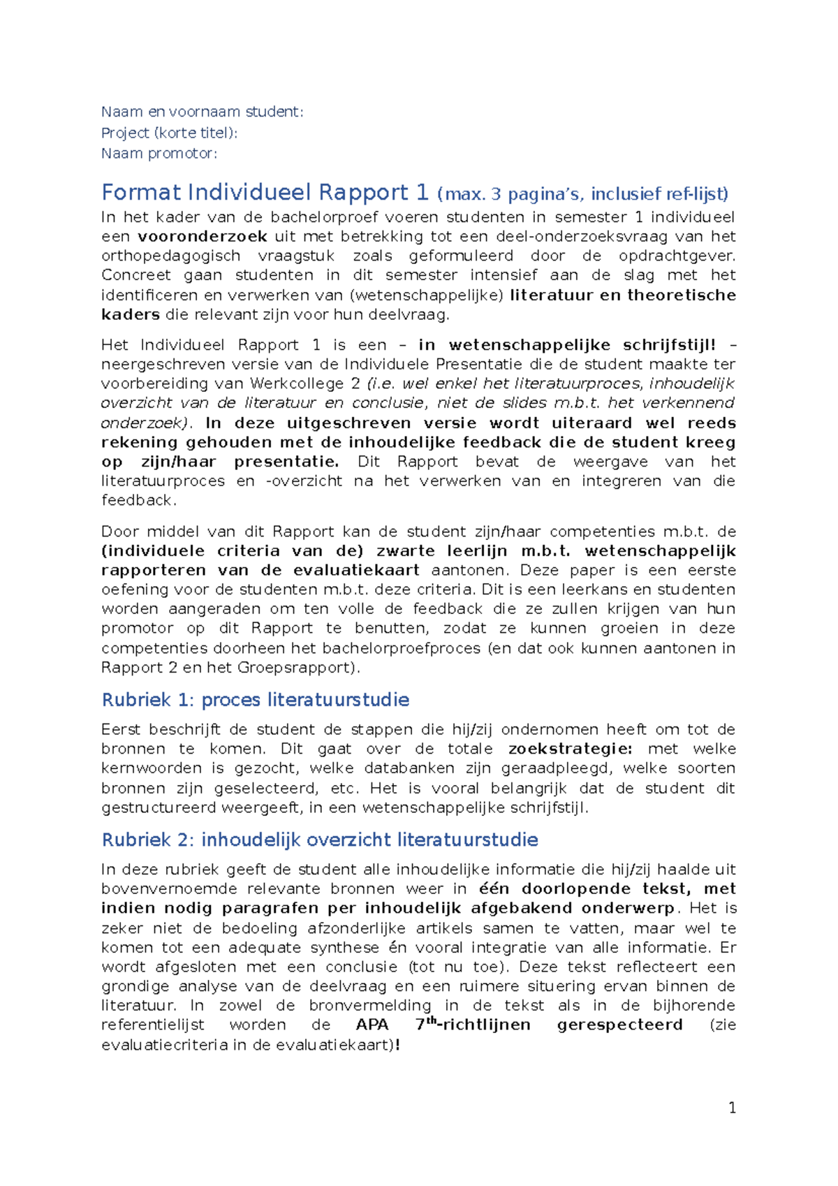 Format individueel rapport 1 - Naam en voornaam student: Project (korte ...