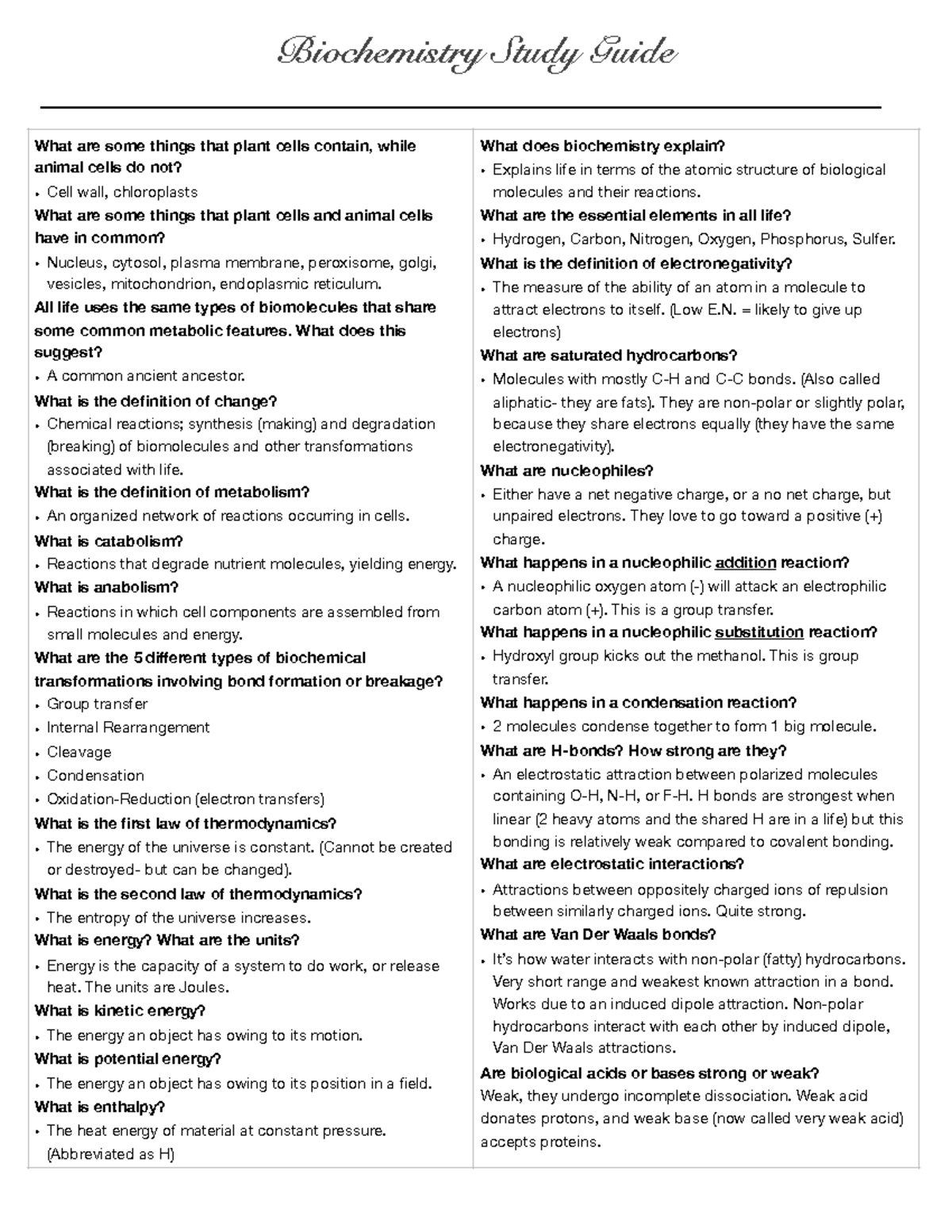 Biochemistry study guide - Midterm 1 - Biochemistry Study Guide What ...