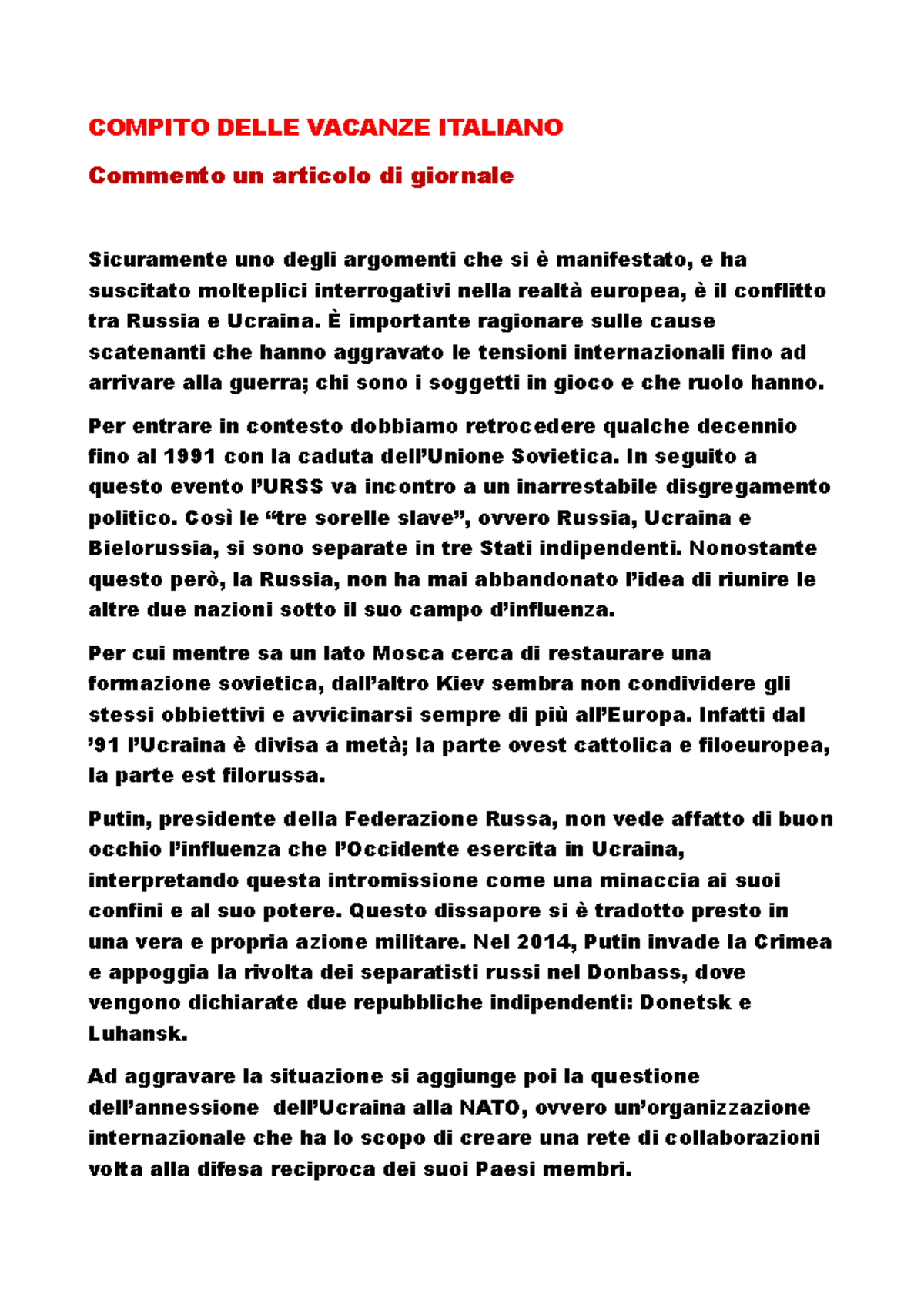 Compito Delle Vacanze Italiano - COMPITO DELLE VACANZE ITALIANO ...