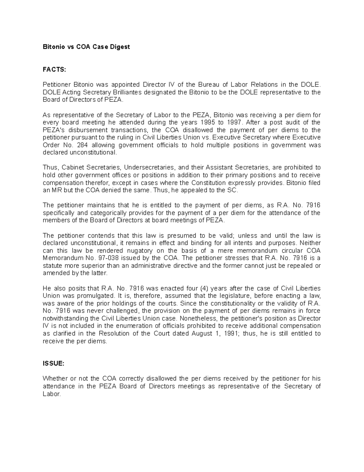 Bitonio vs COA Case Digest - Bitonio vs COA Case Digest FACTS ...
