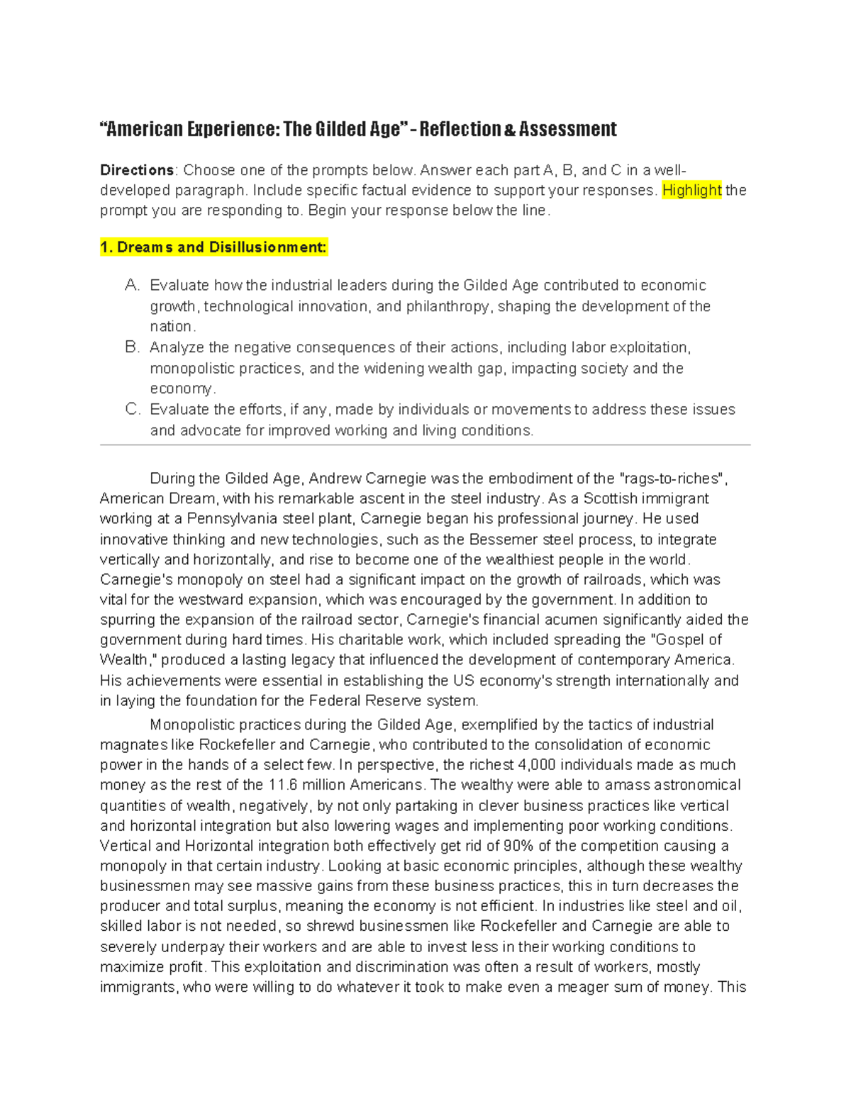 Unit6Exam-Essay Format B 1 - “American Experience: The Gilded Age ...