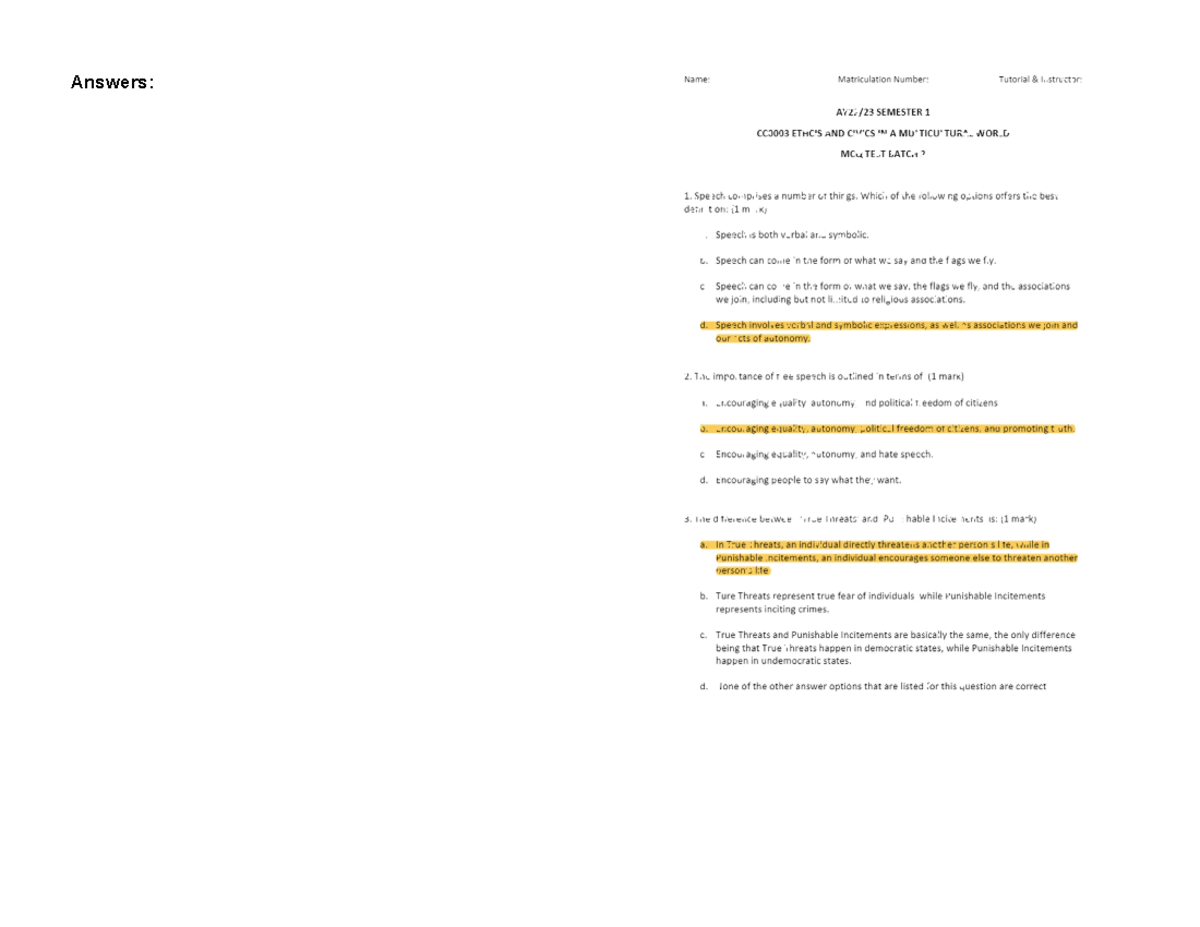 Batch 2 - past year quiz - cc0003 - Answers: - Studocu