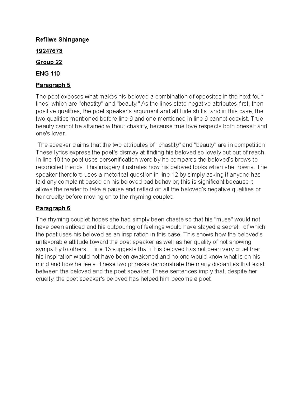 ENG 110 Poetry test - Refilwe Shingange 19247673 Group 22 ENG 110 ...