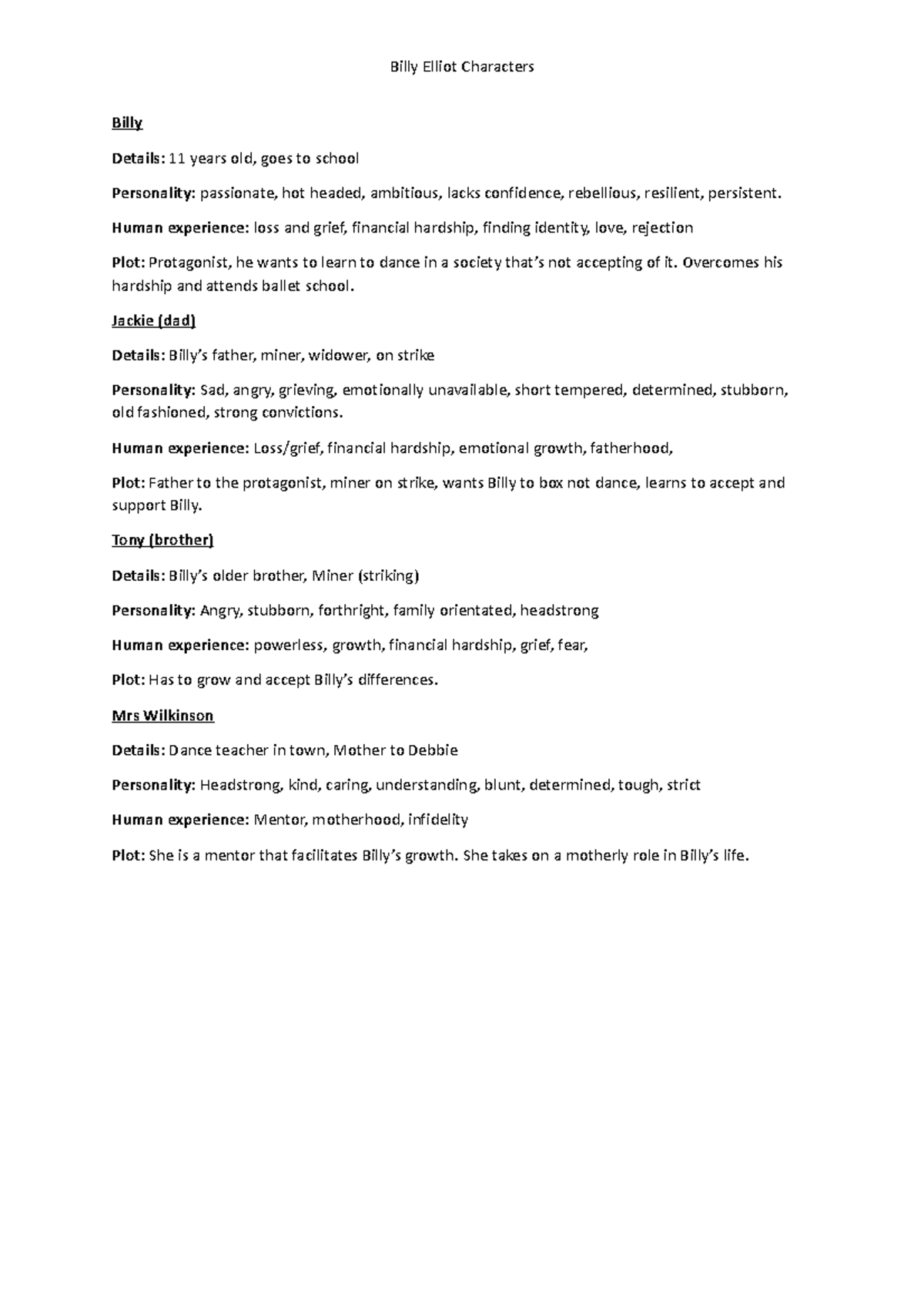 Billy Elliot character notes - Billy Elliot Characters Billy Details ...
