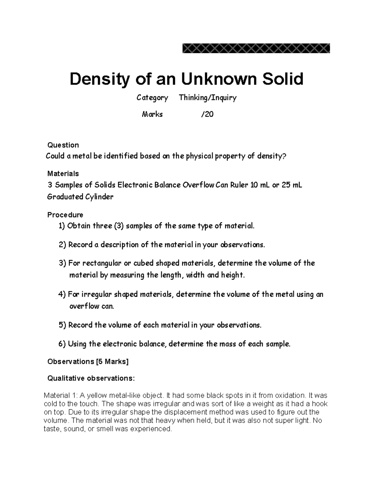 Density Lab on solids - Density of an Unknown Solid Category Thinking ...