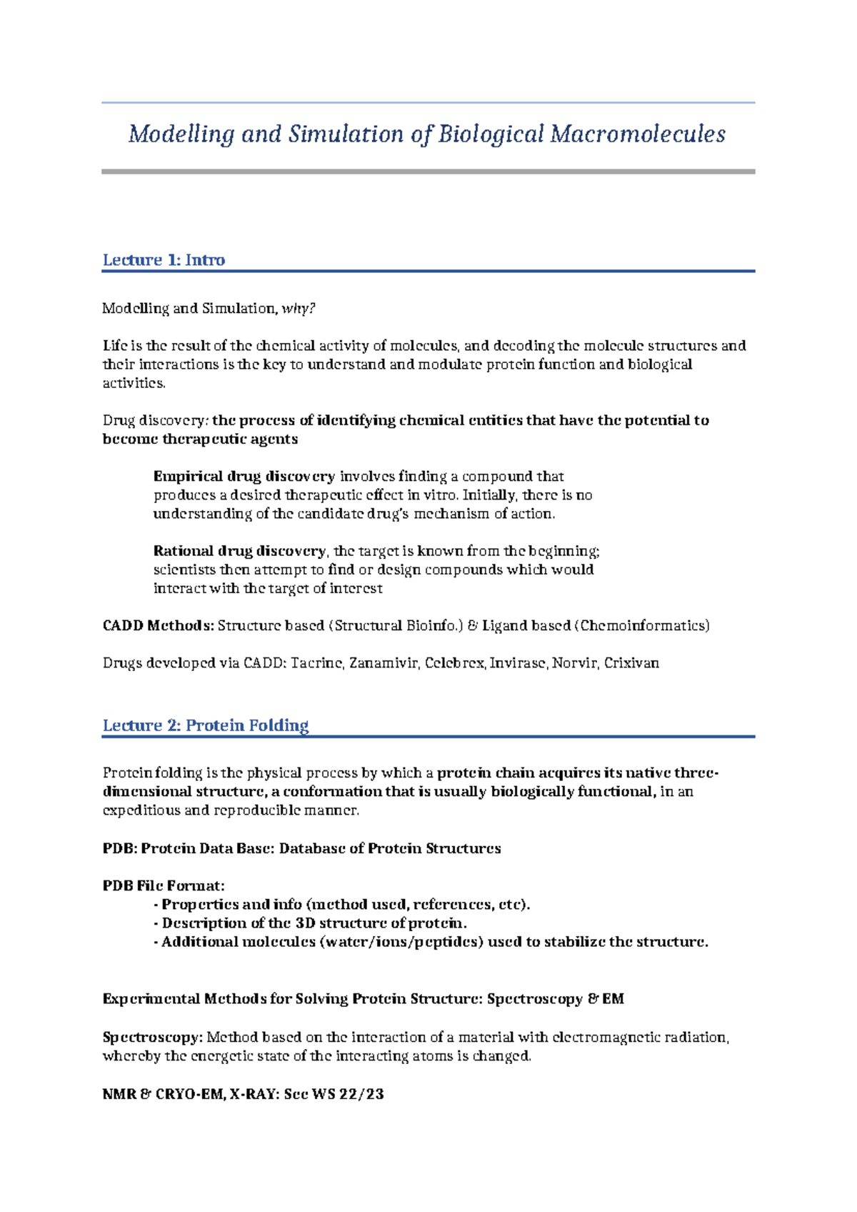 ModSim Zusammenfassung - Modelling and Simulation of Biological Macromolecules Lecture 1: Intro ...