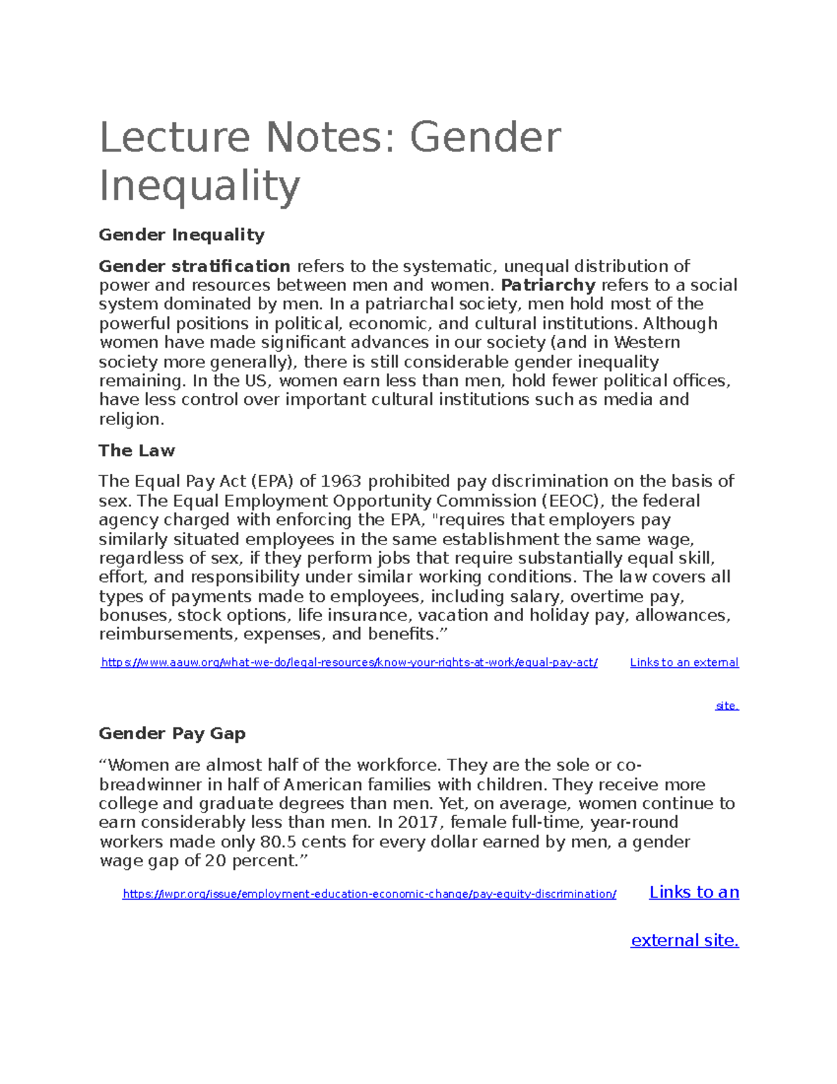 Gender Inequality - Lecture Notes for Sociology - Lecture Notes: Gender ...