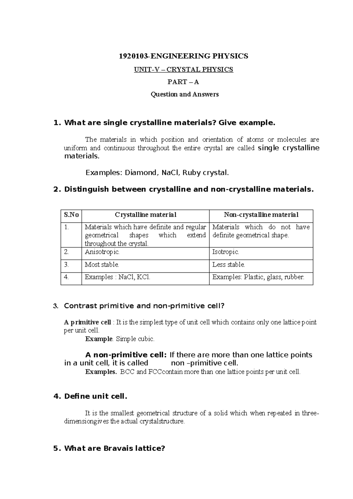 Unit 5 -PART A 192010 3-Engg - 1920103-ENGINEERING PHYSICS UNIT-V – CRYSTAL PHYSICS PART – A ...