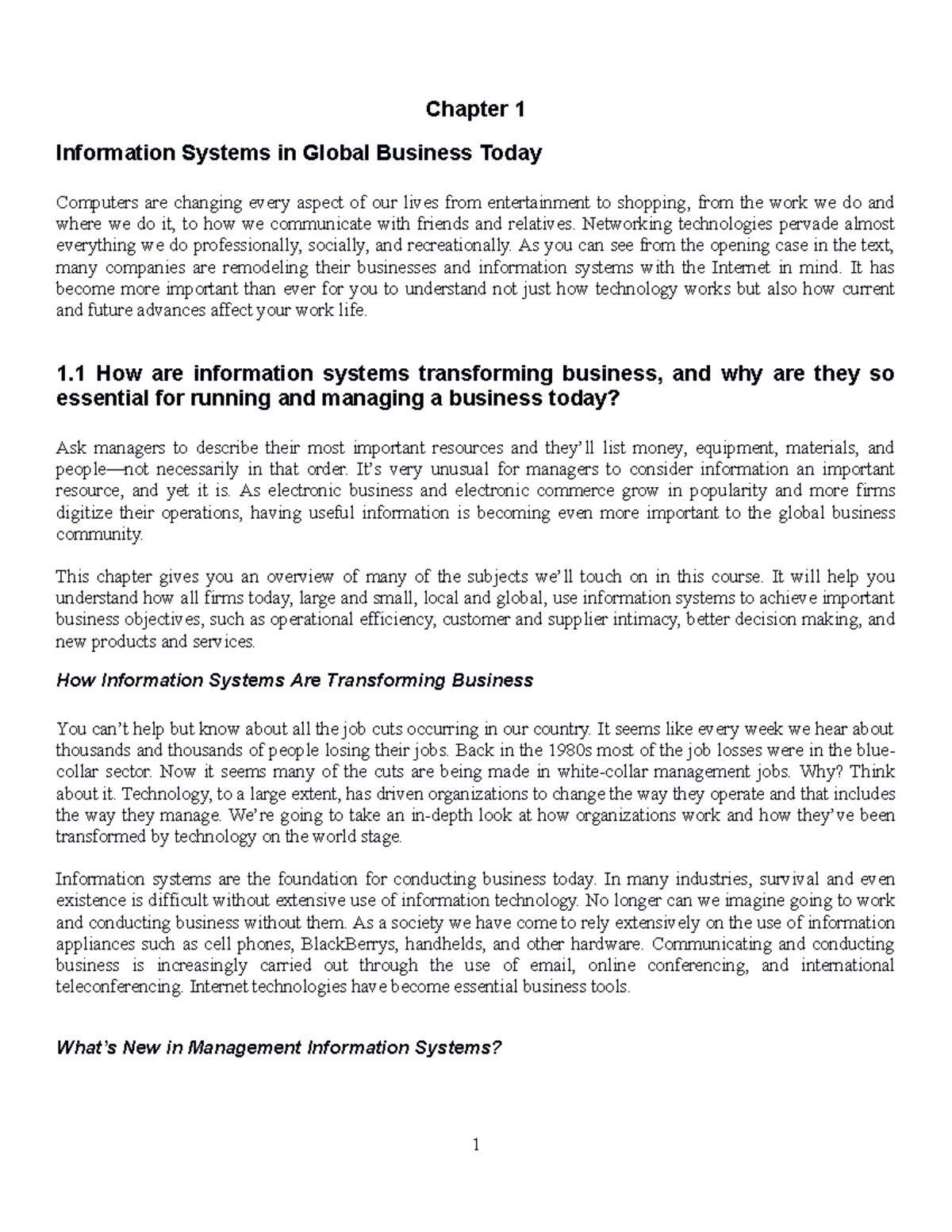 Notes - Chapter 1 Information Systems in Global Business Today ...