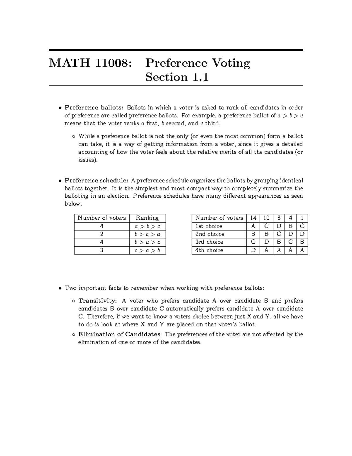 Preference Voting - MATH 11008: Preference Voting Section 1. Preference ...