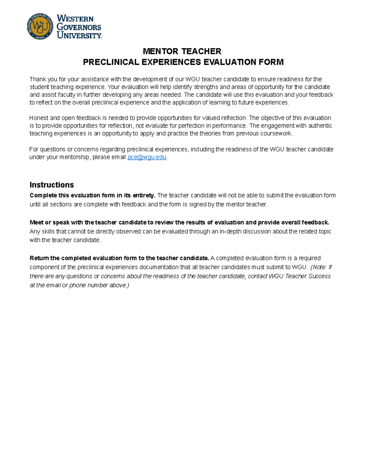 Mentor Teacher Preclinical Evaluation Form - MENTOR TEACHER PRECLINICAL ...