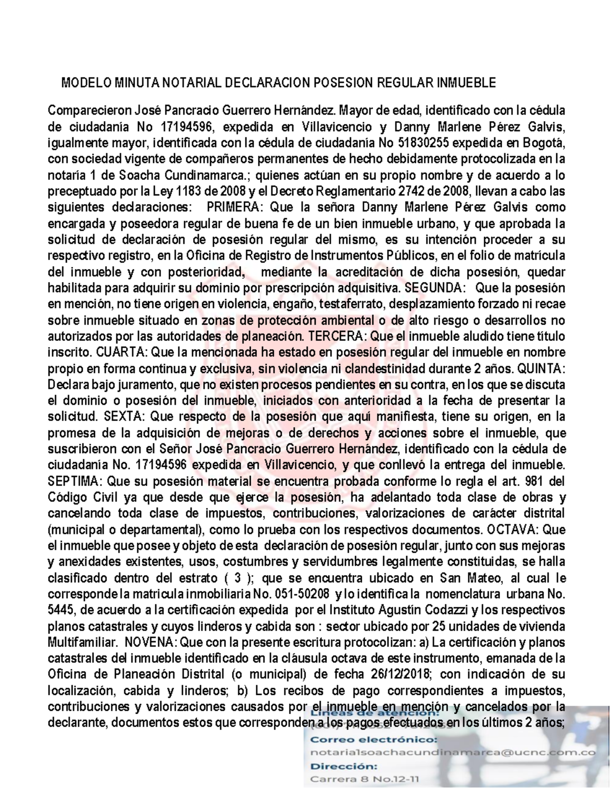 Modelo Minuta Notarial Declaracion Poses - MODELO MINUTA NOTARIAL ...