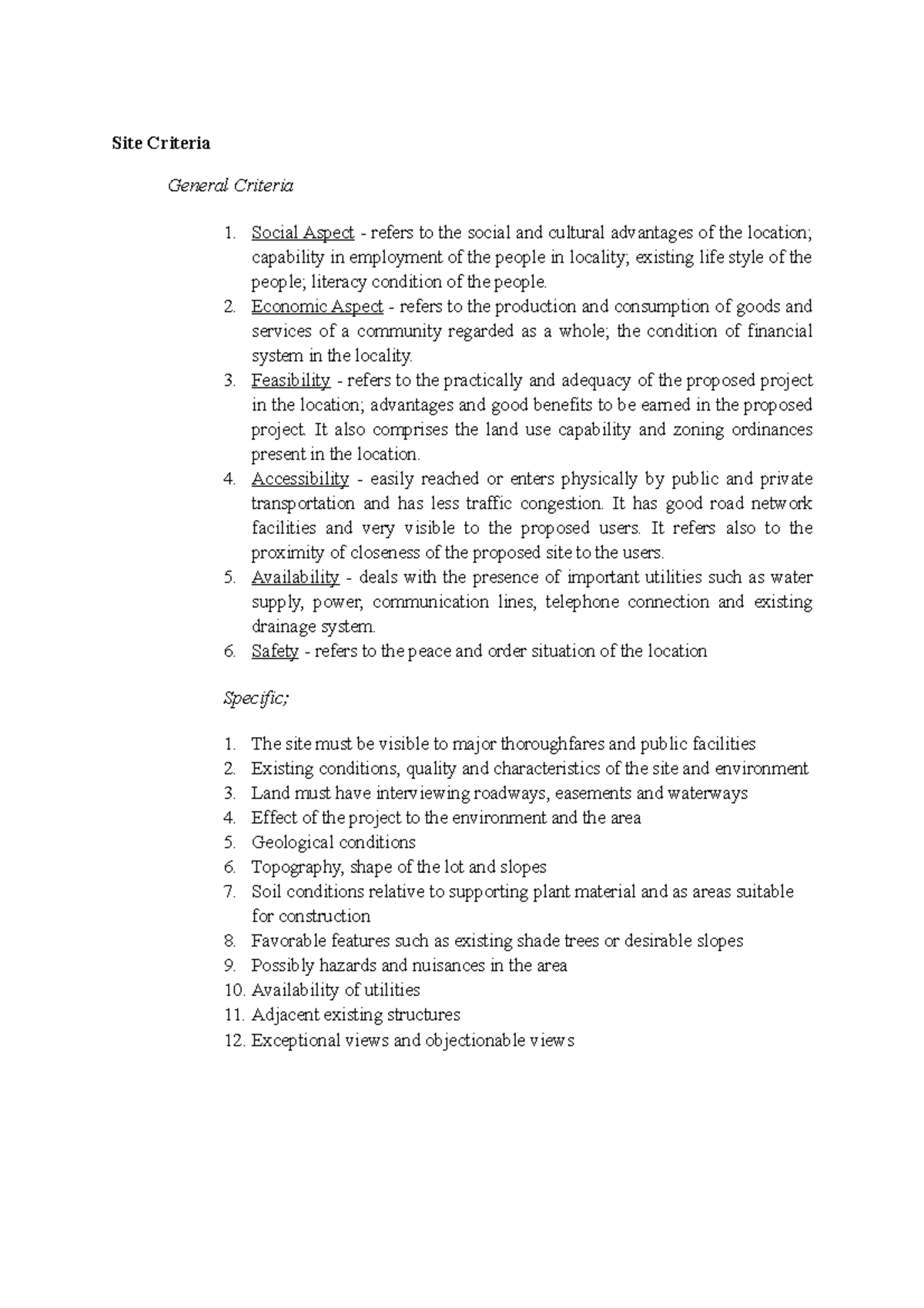Site Criteria Selection - Site Criteria General Criteria 1. Social ...
