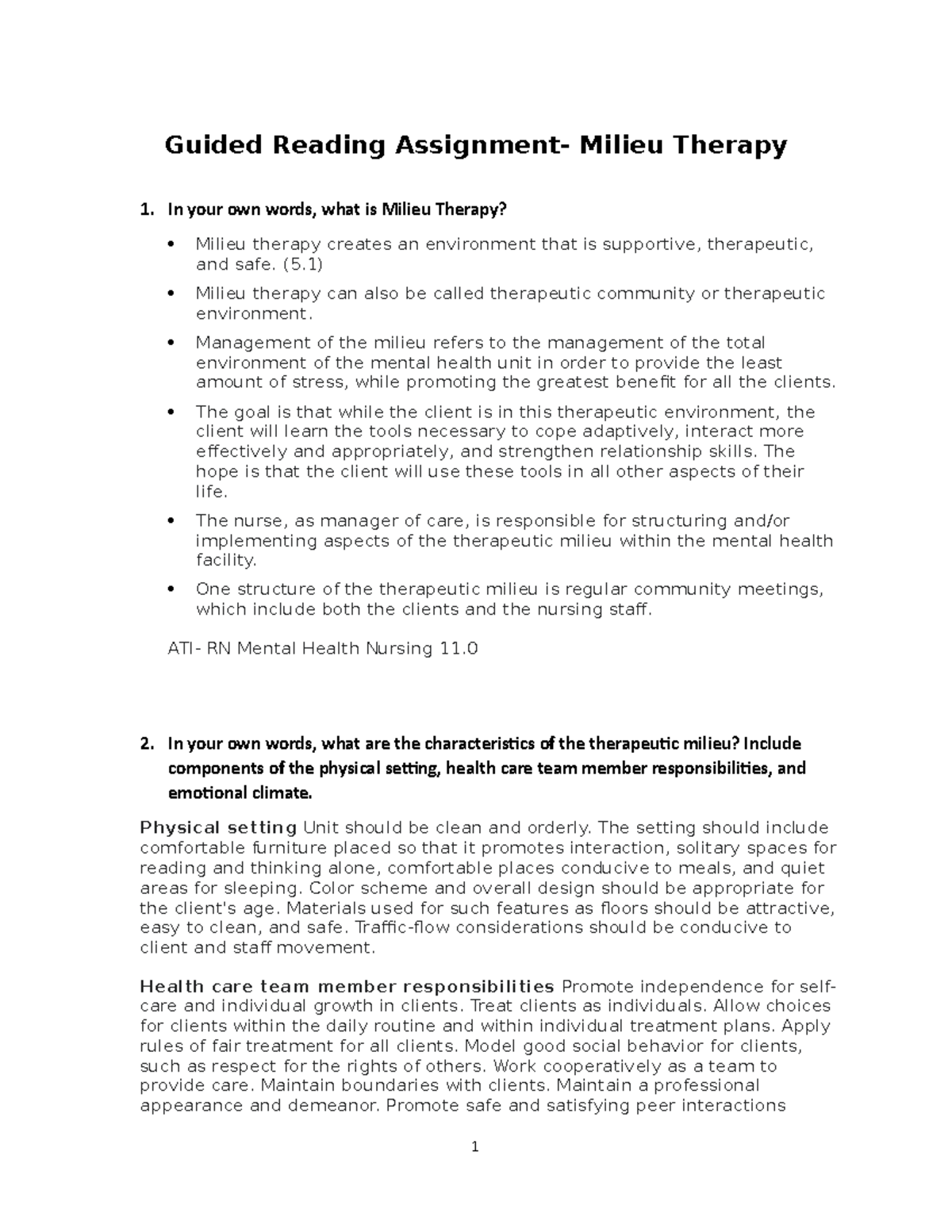 Faculty Answer Key - Guided Reading Assignment - Milieu Therapy ...