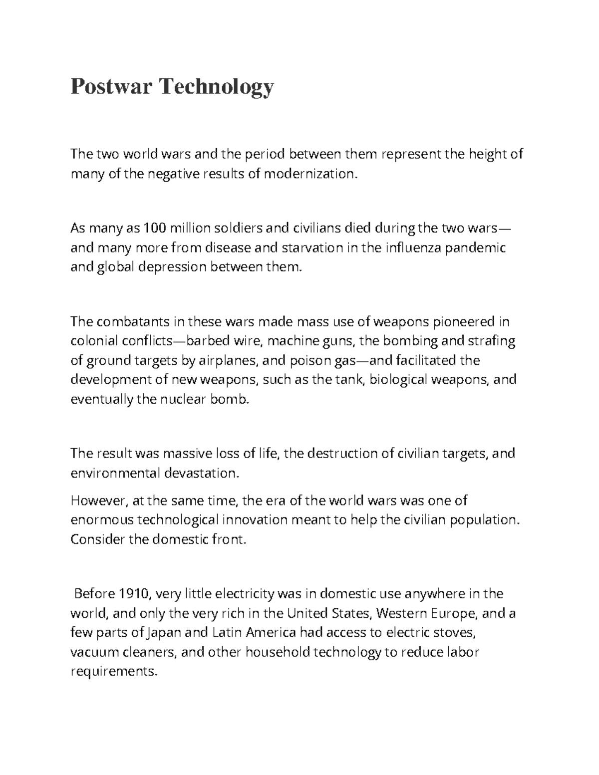 Postwar Technology - The combatants in these wars made mass use of ...