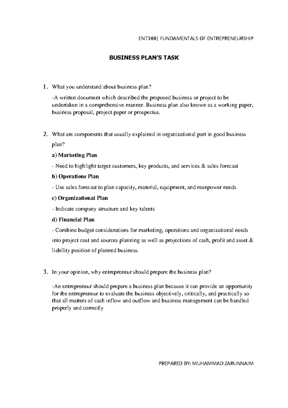 TASK Chapter 7- Business PLAN - ENT300| FUNDAMENTALS OF ...