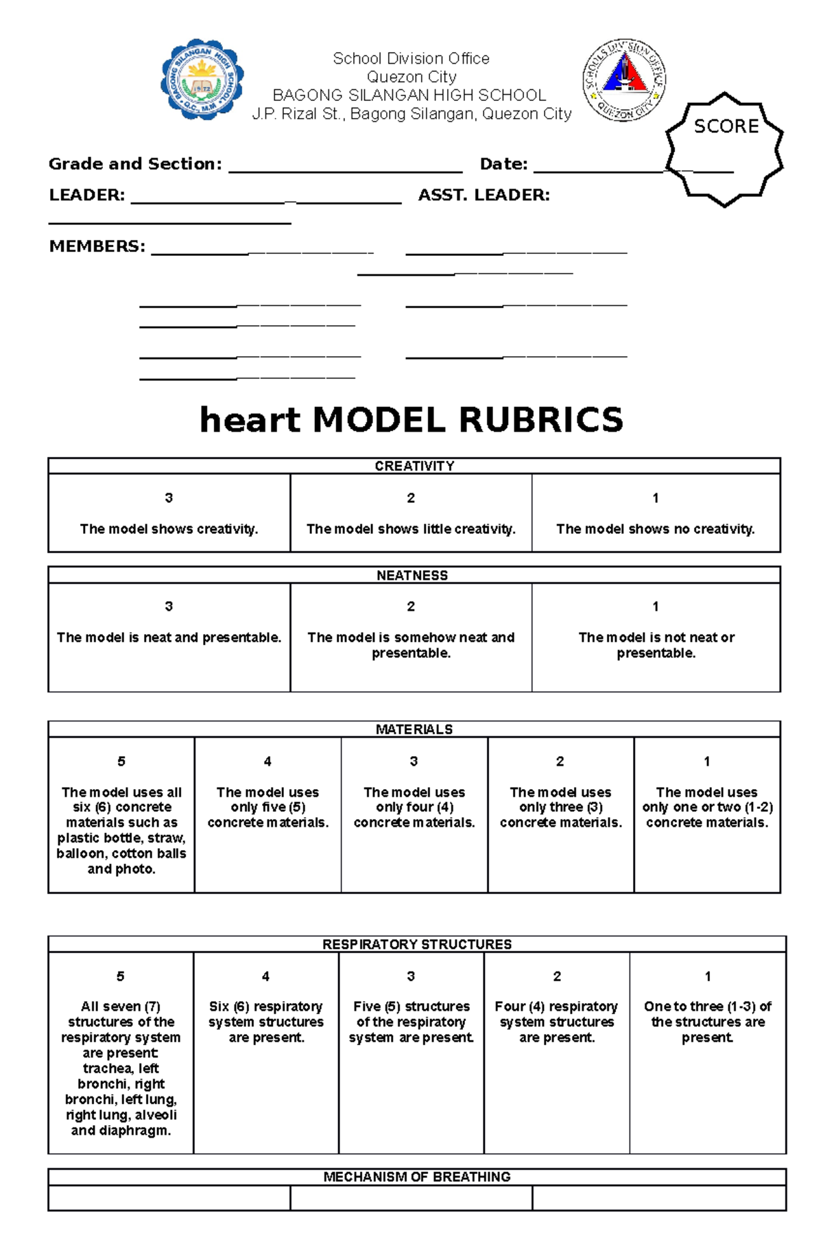 Heart Model Rubrics Final - School Division Office Quezon City BAGONG ...