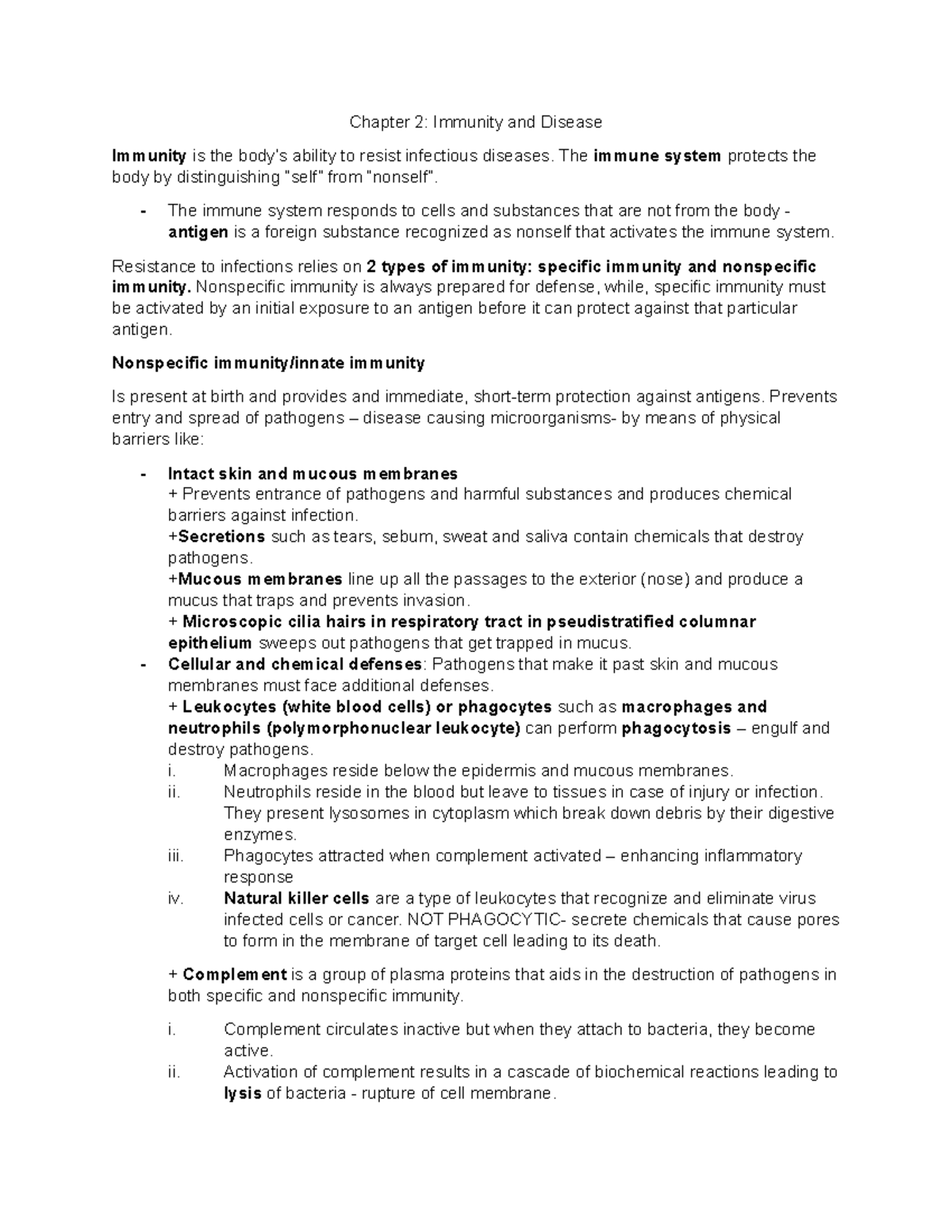Chapter 2 - Lecture notes 2 - Chapter 2: Immunity and Disease Immunity ...