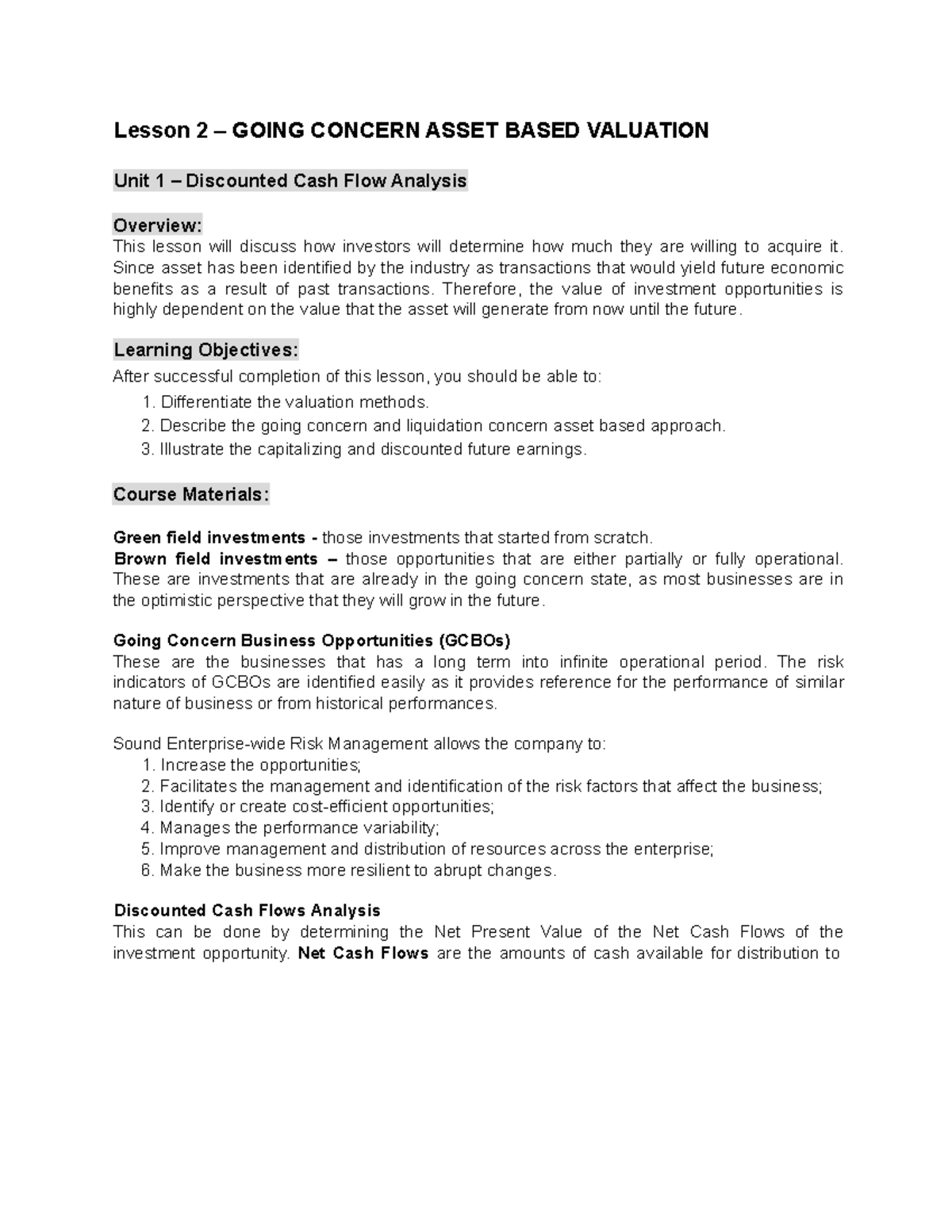 Lesson-2- Going- Concern- Asset- Based- Valuation Unit-1-Discounted ...