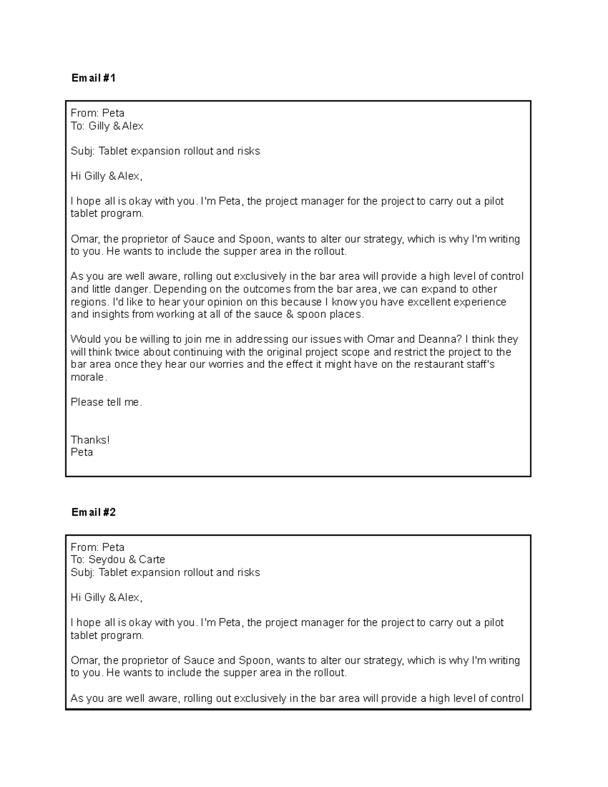 Activity Template Email Coalition - Email # From: Peta To: Gilly & Alex ...