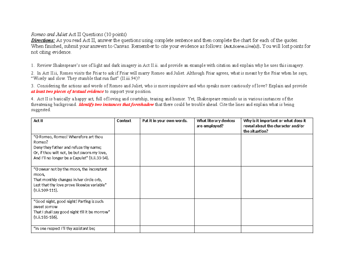 Romeo and Juliet Act II Questions - When finished, submit your answers ...