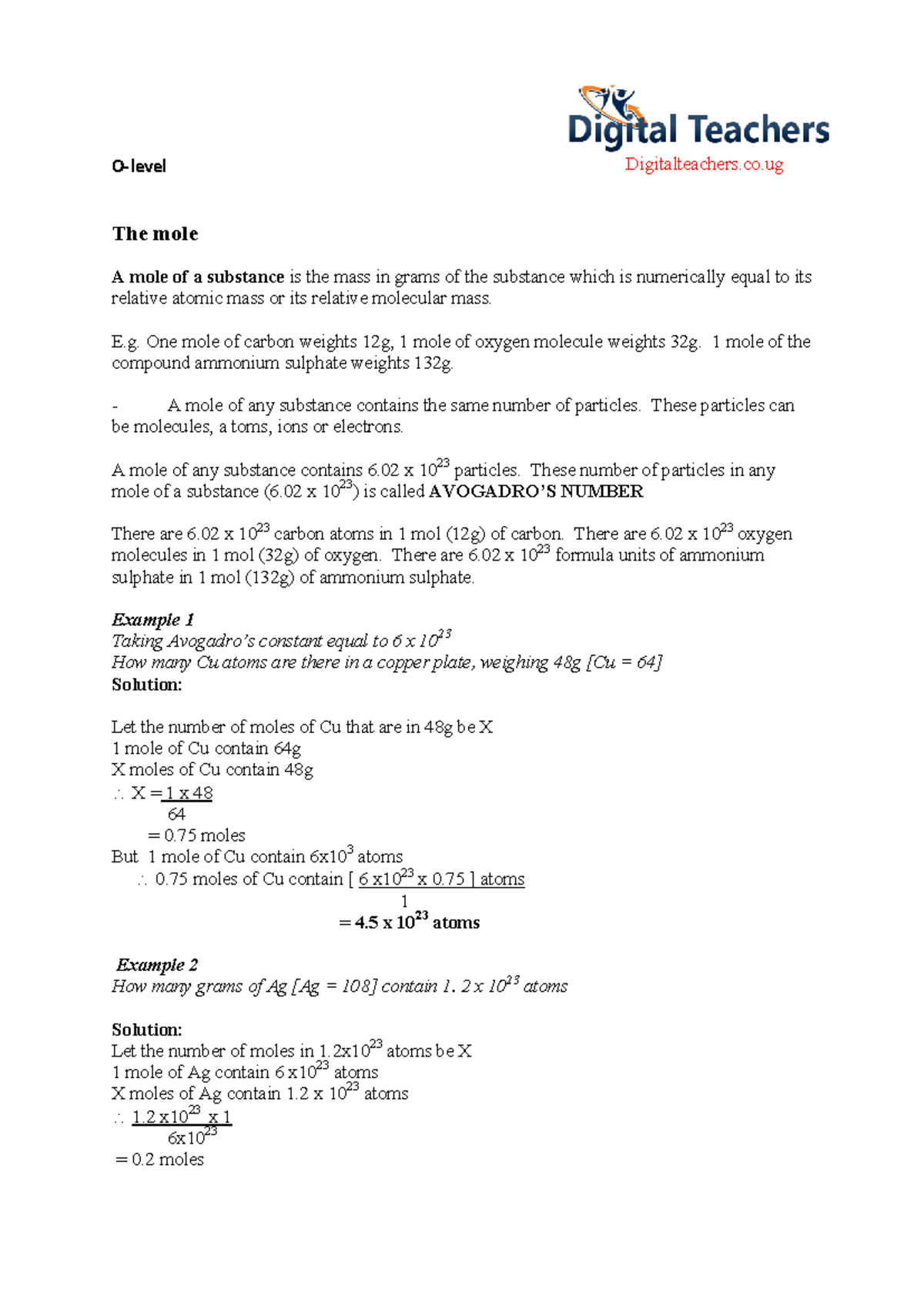 Mole concept moles equations and molarity - O-level The mole A mole of ...